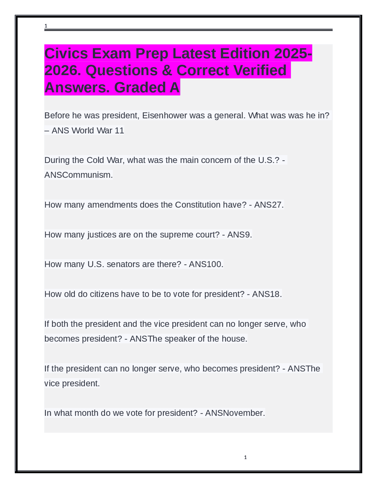 Civics Exam Prep Latest Edition 2025-2026. Questions & Correct Verified ...