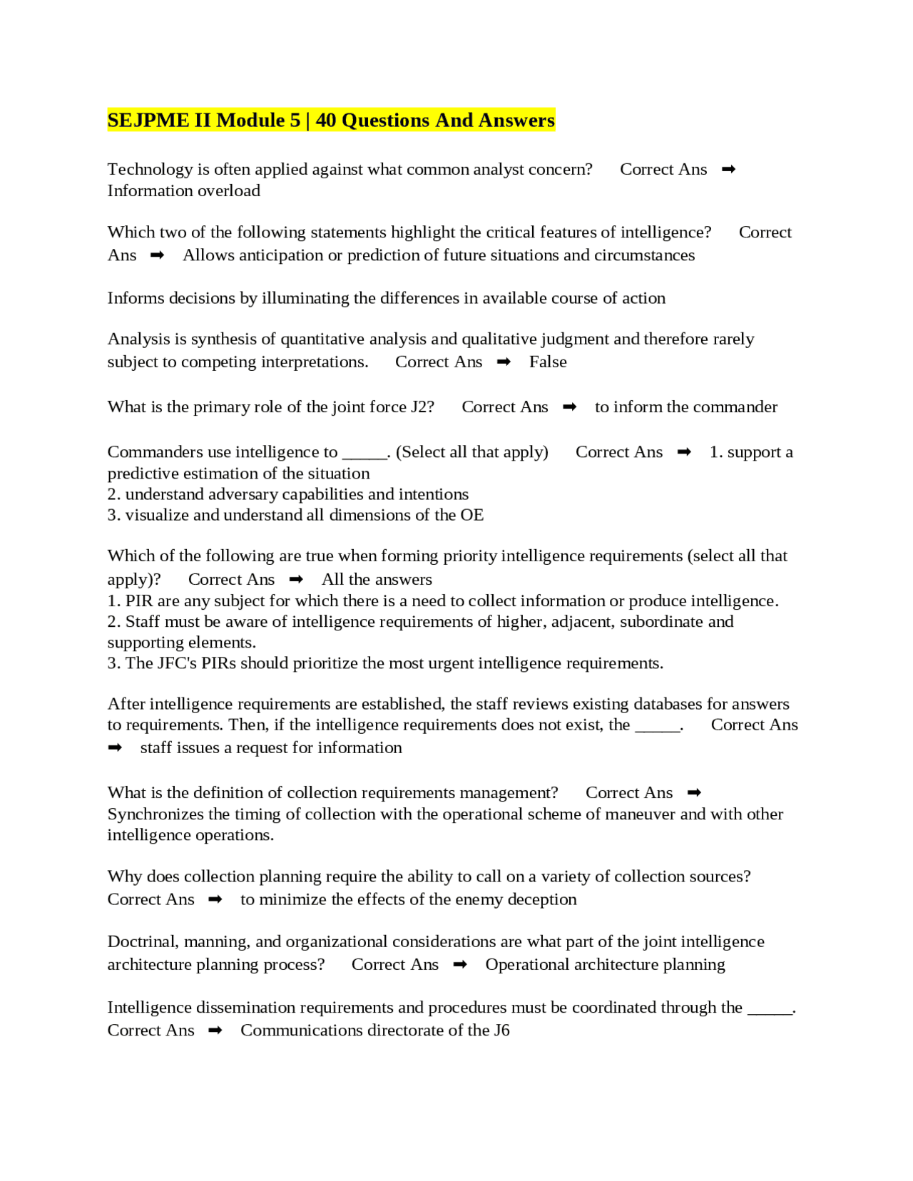 SEJPME II Module 5: Joint Intelligence Operations Q&A | Exams Public ...