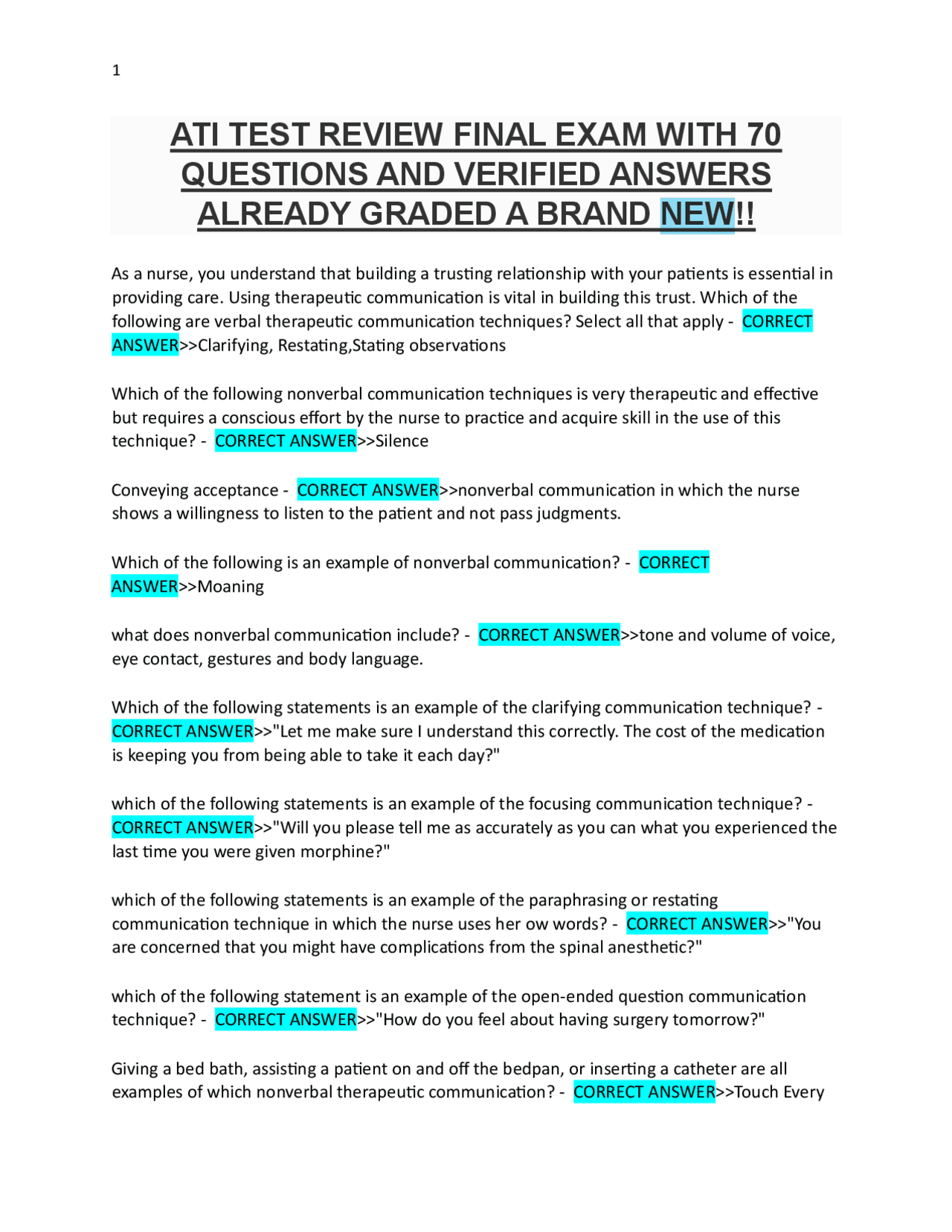 ATI TEST REVIEW FINAL EXAM WITH 70 QUESTIONS AND VERIFIED ANSWERS ...