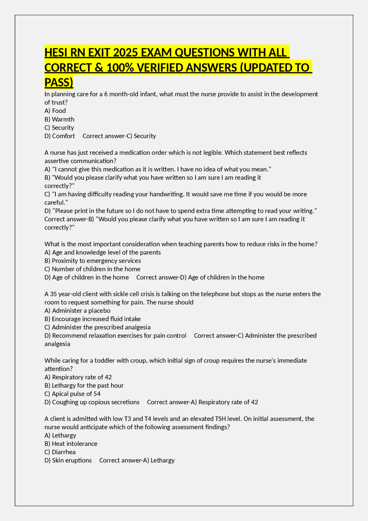 HESI RN EXIT 2025 EXAM QUESTIONS WITH ALL CORRECT & 100% VERIFIED ...