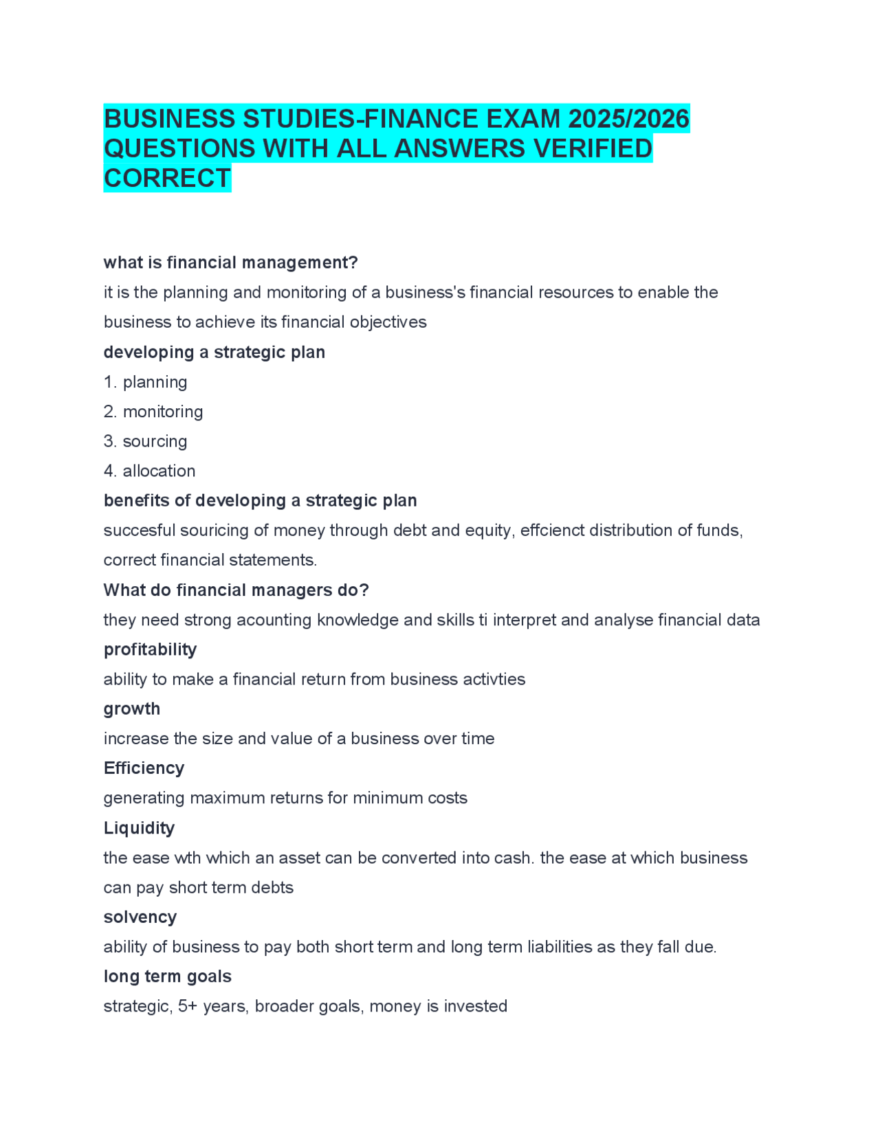 BUSINESS STUDIES-FINANCE EXAM 2025/2026 QUESTIONS WITH ALL ANSWERS ...