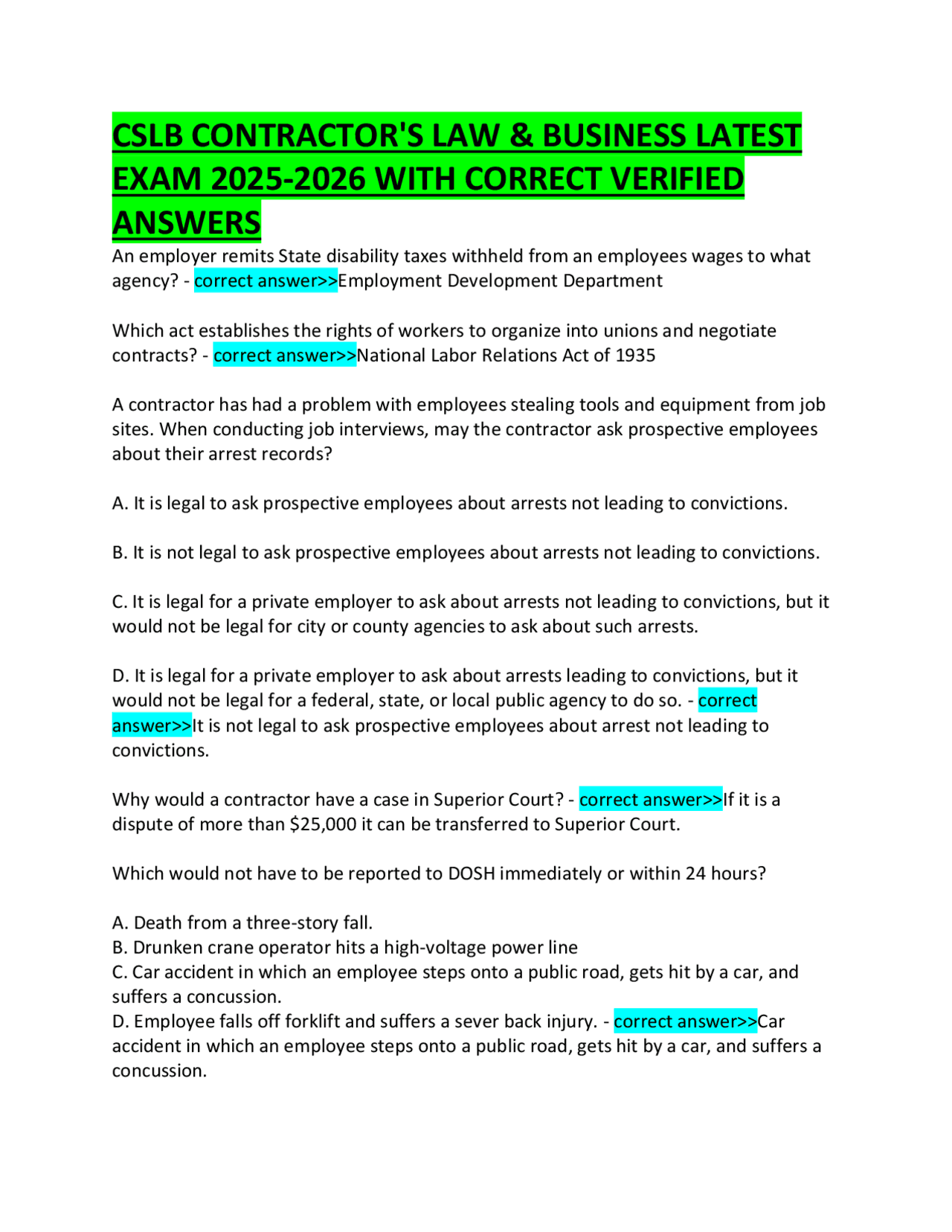 CSLB Contractor's Law & Business Exam Prep 2025-2026: Questions ...