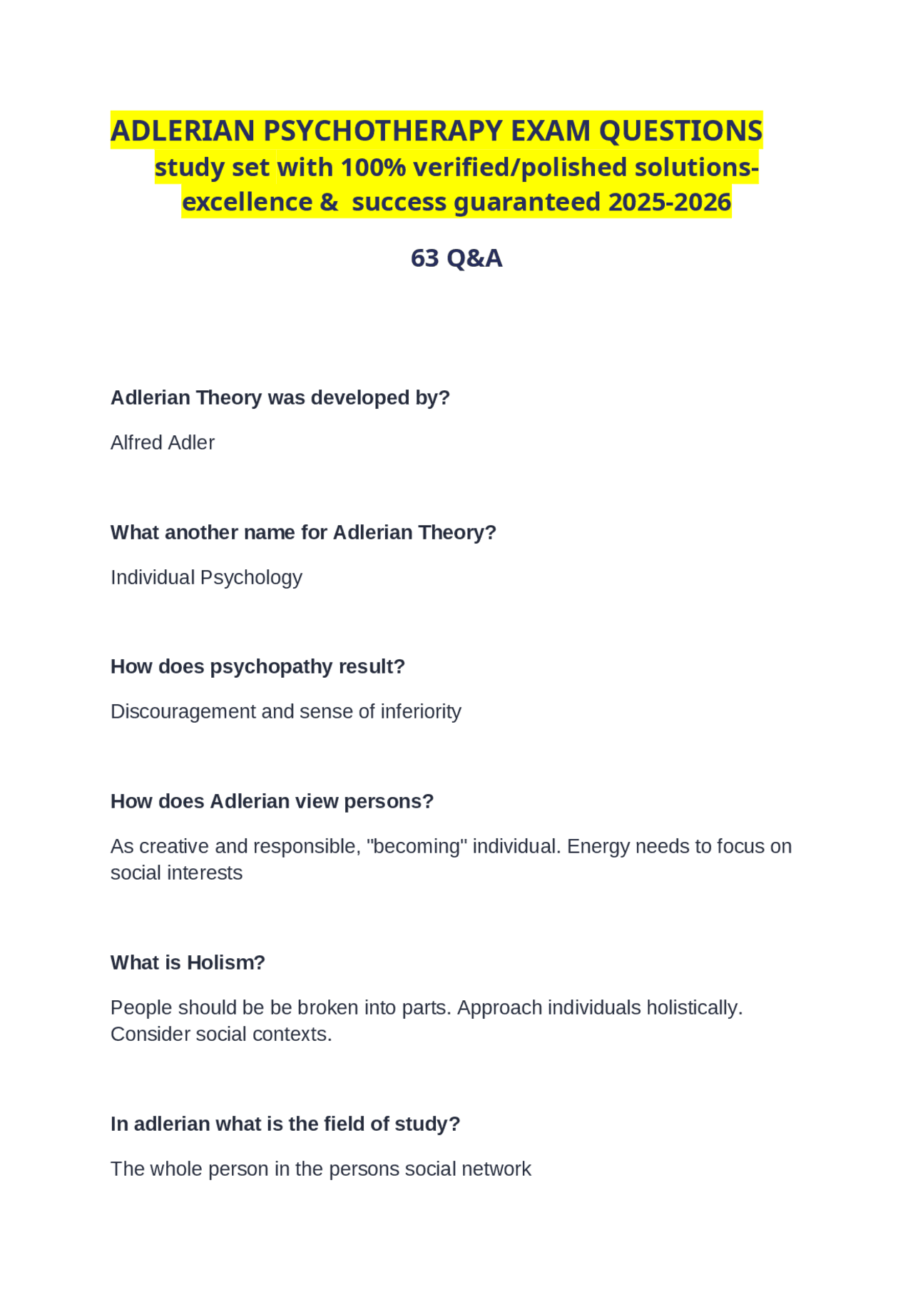 ADLERIAN PSYCHOTHERAPY EXAM QUESTIONS study set with 100% verified ...
