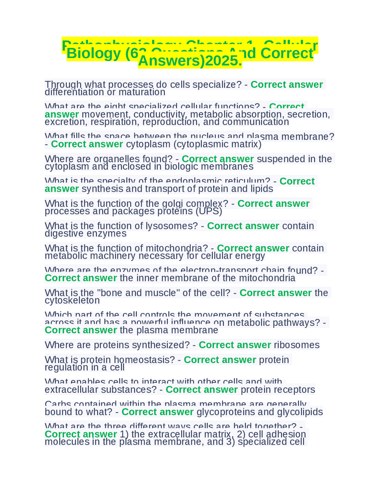 Pathophysiology Chapter 1 Cellular Biology 63 Questions And Correct