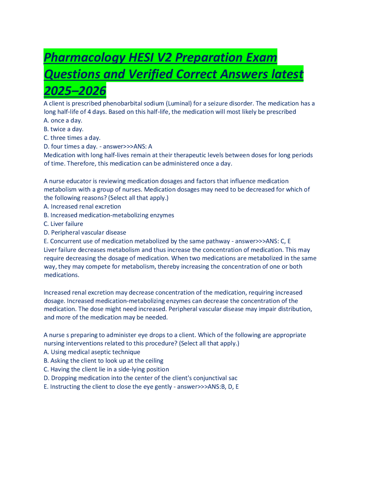 Pharmacology HESI V2 Preparation Exam Questions and Verified Correct ...