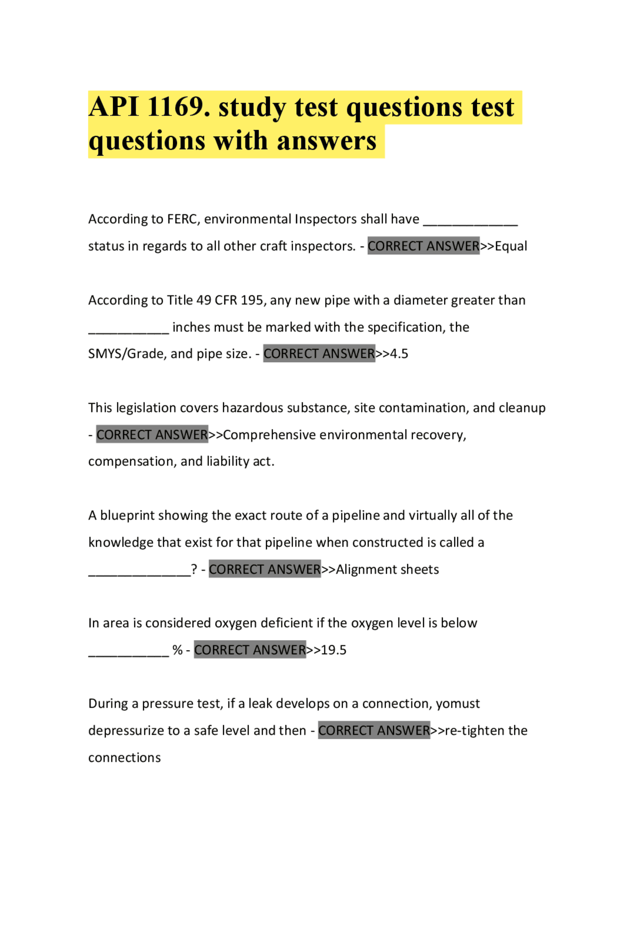 API 1169. study test questions test questions with answers | Exams ...