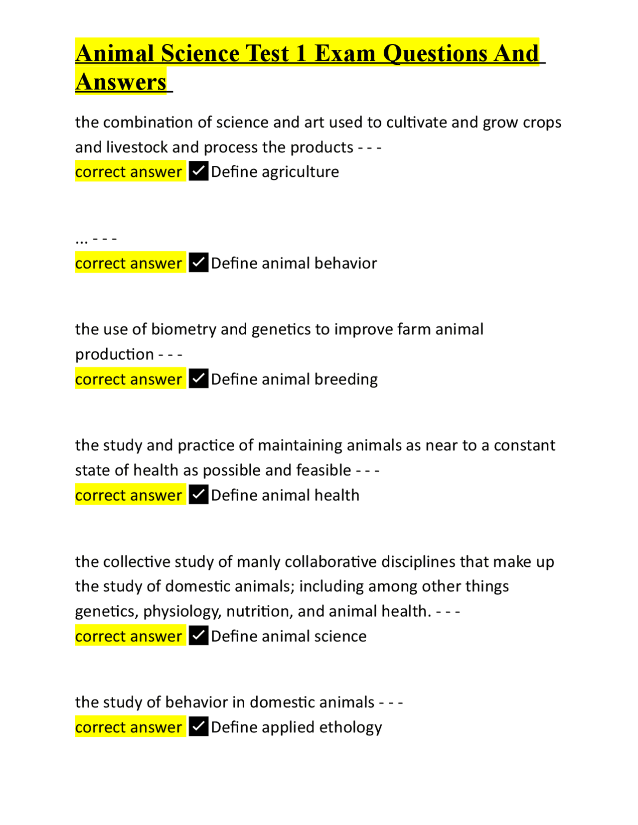 Animal Science Test 1 Exam Questions And Answers | Exams Nursing | Docsity