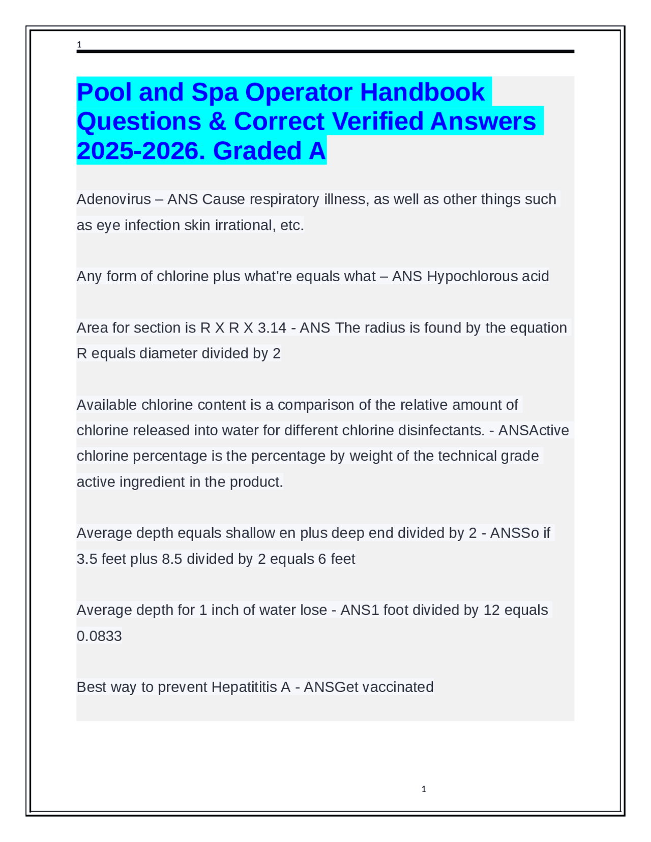 Pool and Spa Operator Handbook Questions & Correct Verified Answers ...