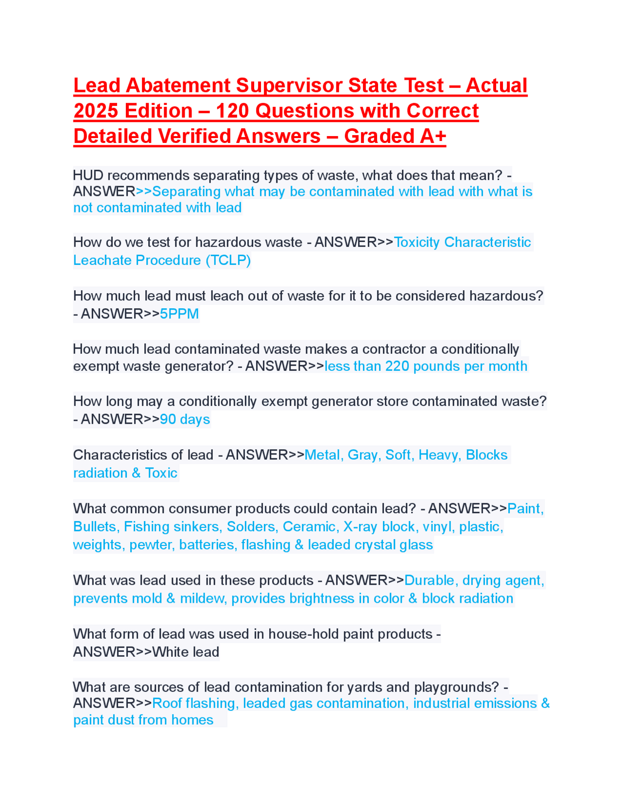 Lead Abatement Supervisor State Test – Actual 2025 Edition – 120 ...