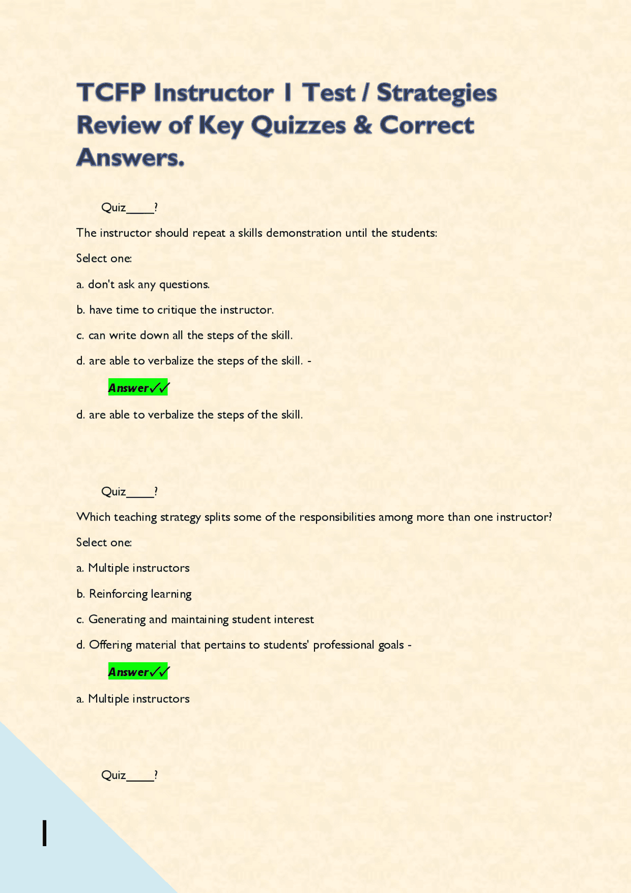 TCFP Instructor 1 Test / Strategies Review of Key Quizzes & Correct ...