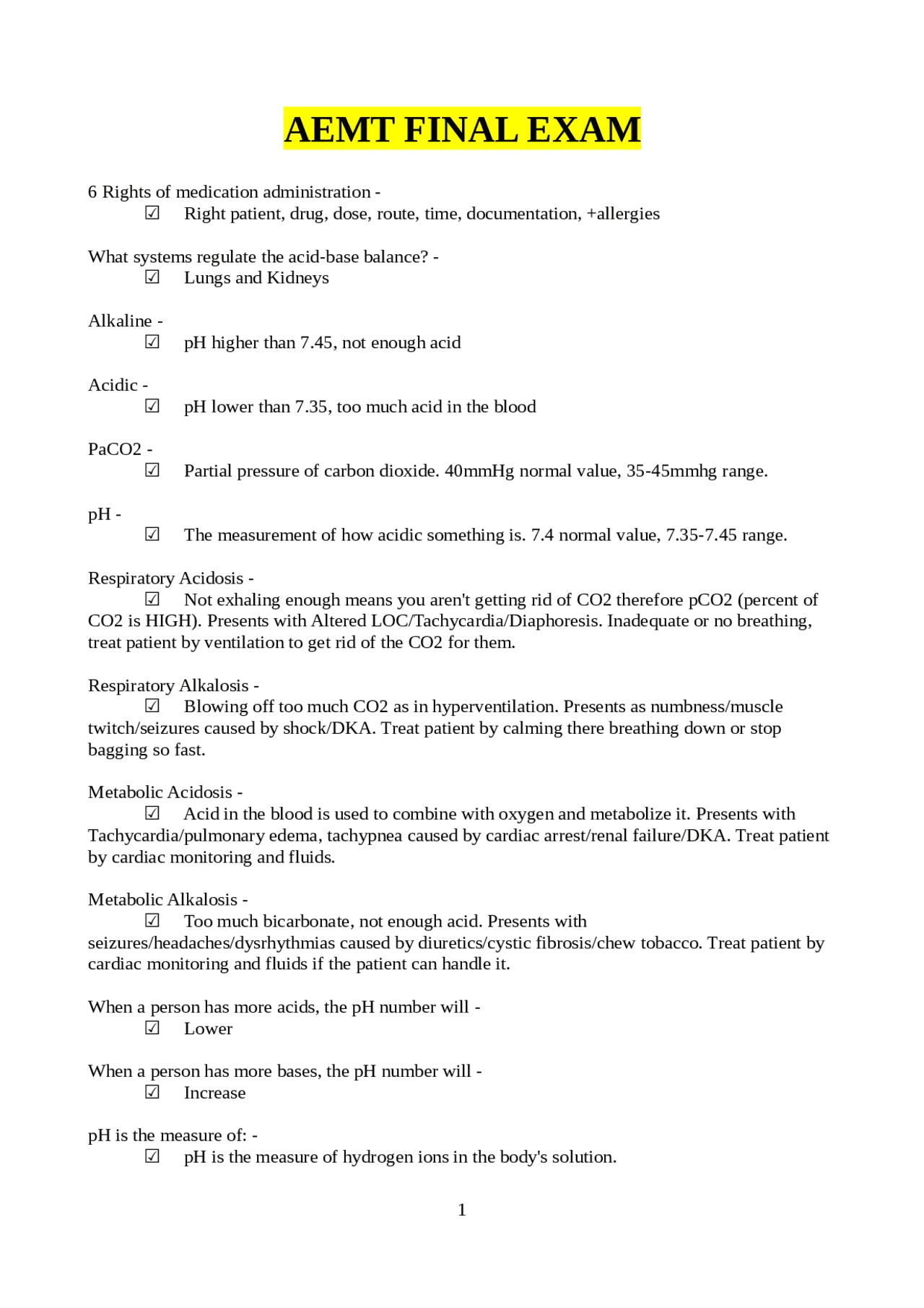 AEMT Final Exam: Complete Study and Review Guide | Exams Nursing | Docsity