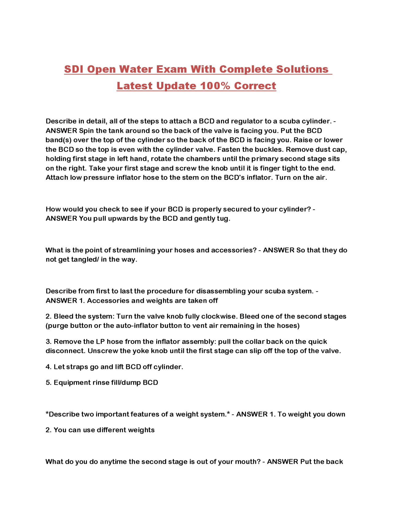 SDI Open Water Exam With Complete Solutions Latest Update 100% Correct ...