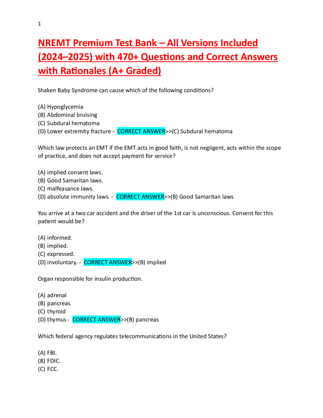 NREMT Premium Test Bank – All Versions Included (2024–2025) with 470 ...