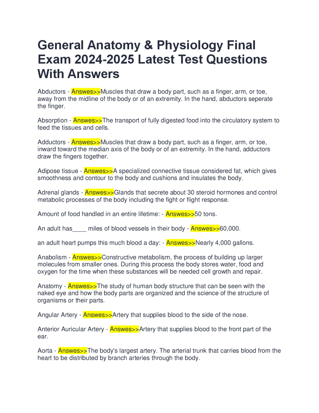 General Anatomy & Physiology Final Exam 2024-2025 Latest Test Questions ...