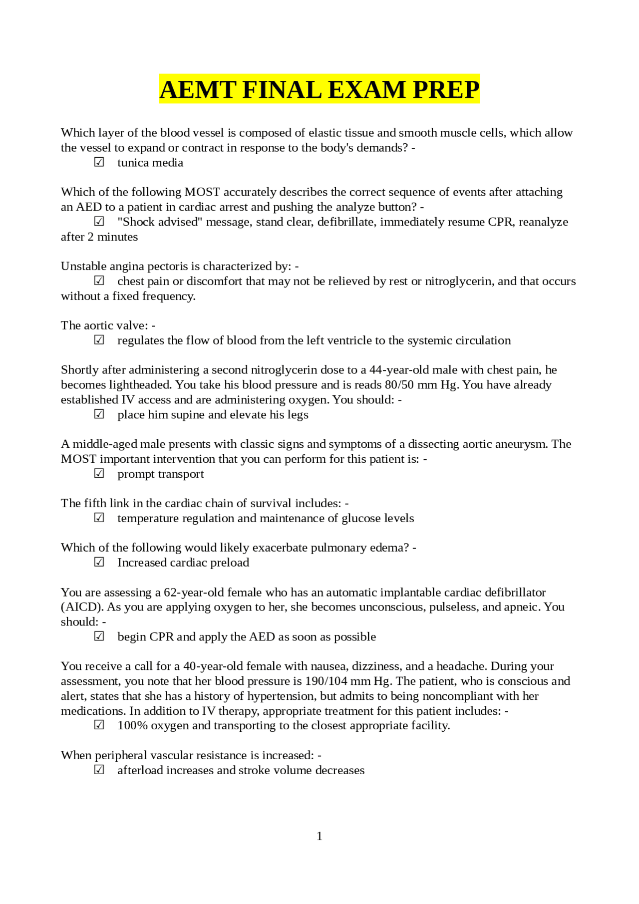 Comprehensive AEMT Final Exam Prep Guide | Exams Nursing | Docsity