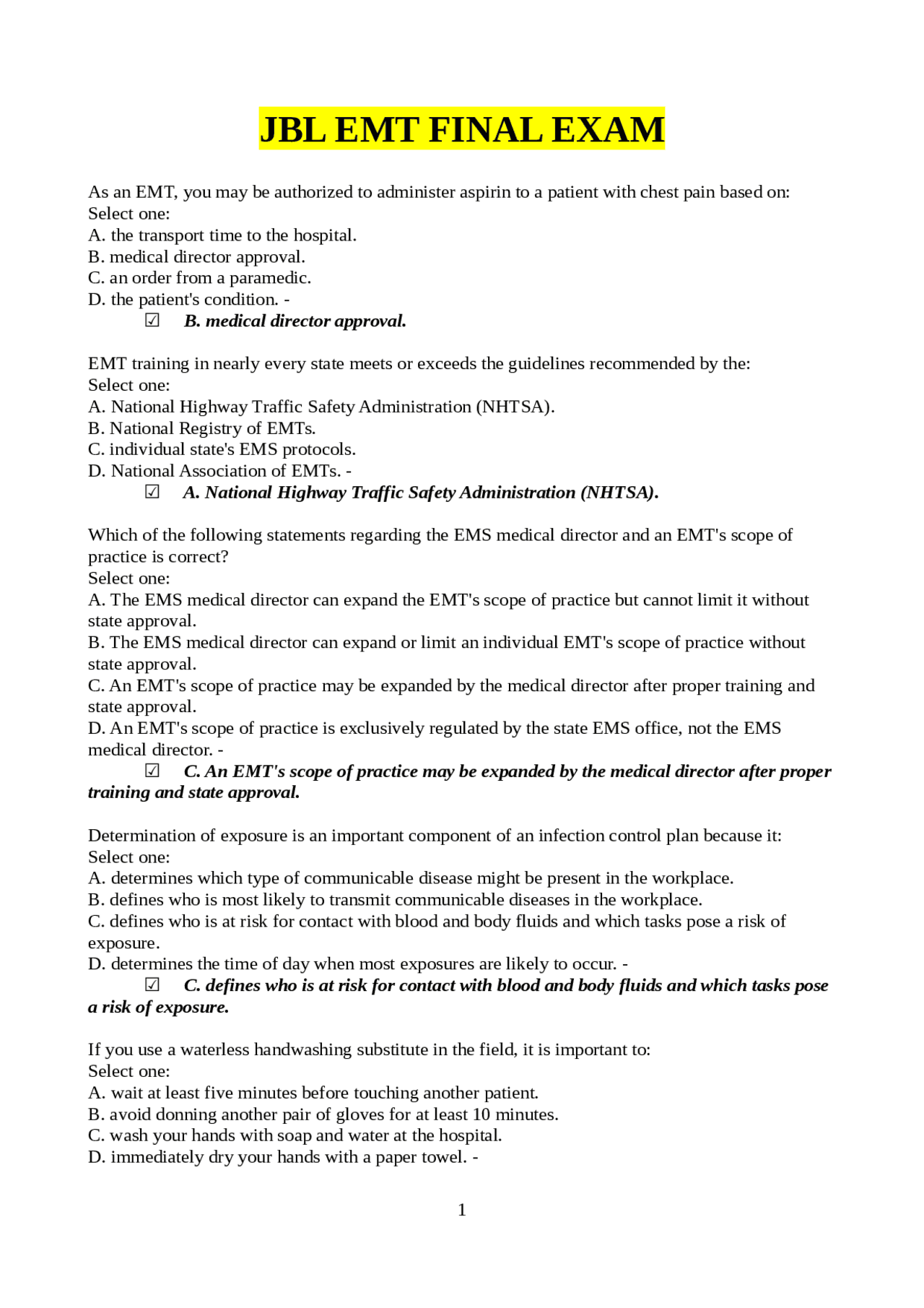 Ultimate Review for the JBL EMT Final Exam | Exams Nursing | Docsity