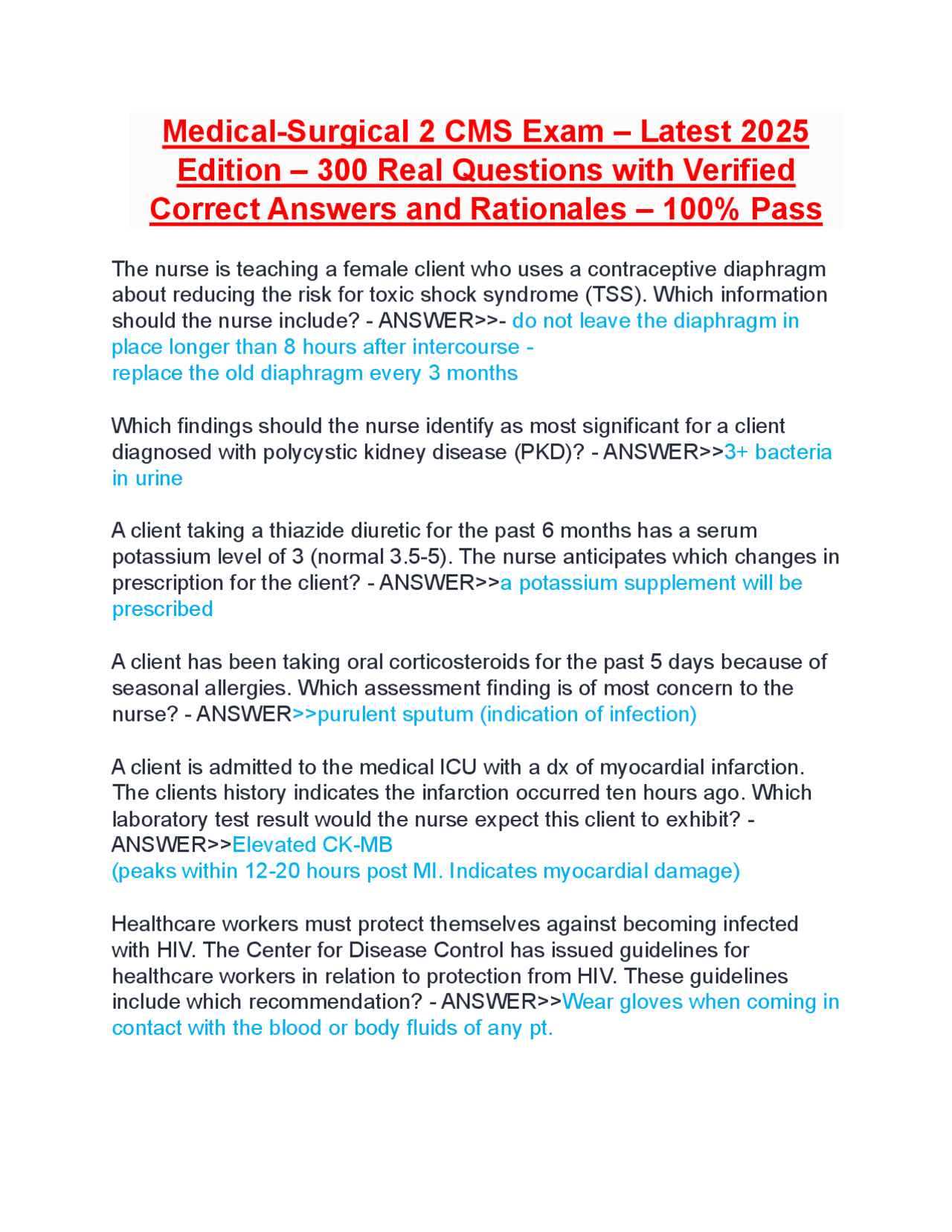 Medical-Surgical 2 CMS Exam – Latest 2025 Edition – 300 Real Questions ...
