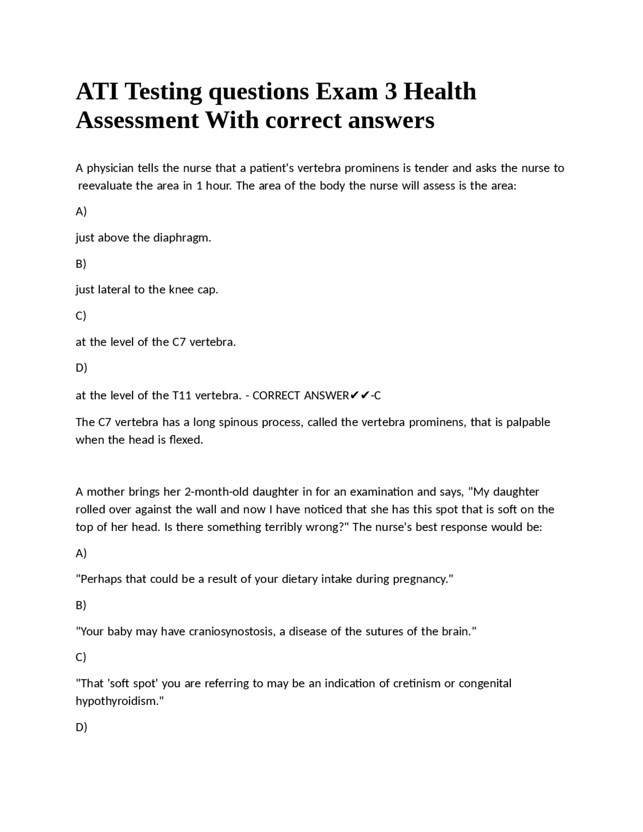 ATI Testing questions Exam 3 Health Assessment With correct answers ...