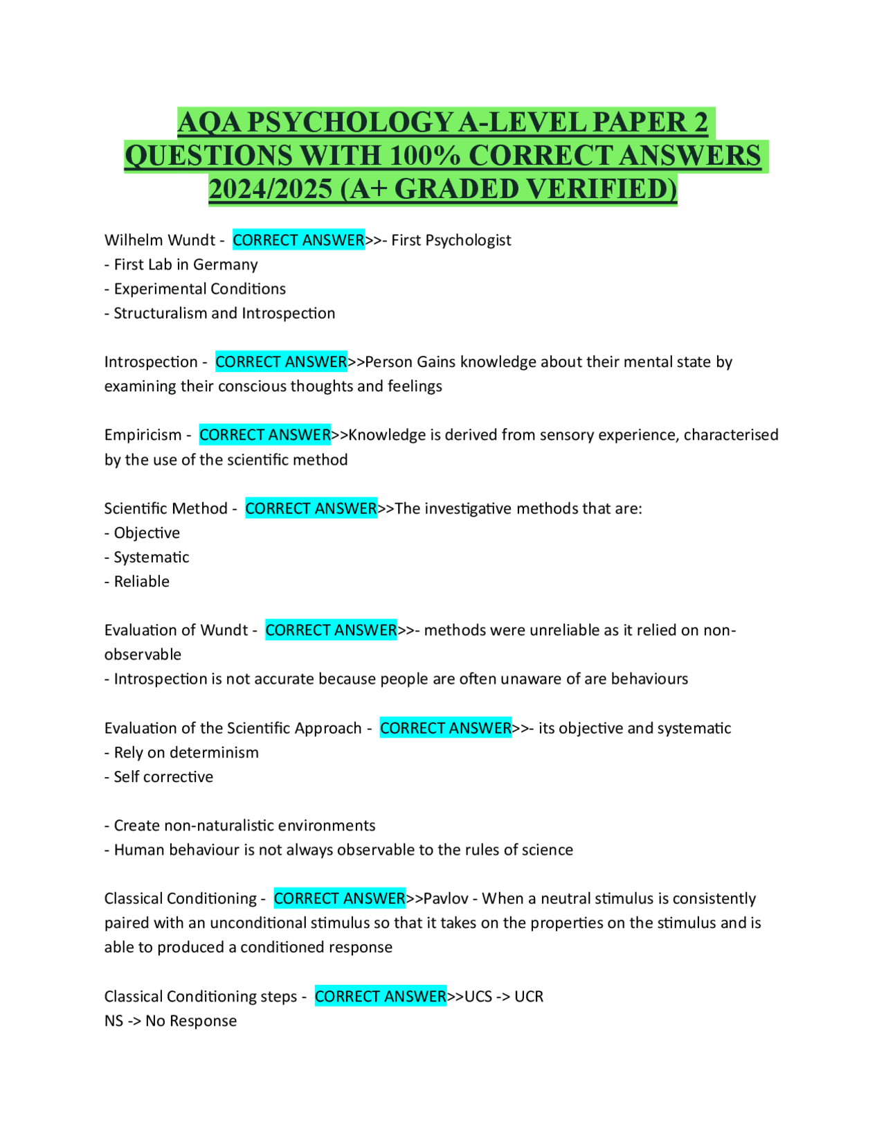 AQA PSYCHOLOGY A-LEVEL PAPER 2 QUESTIONS WITH 100% CORRECT ANSWERS 2024 ...