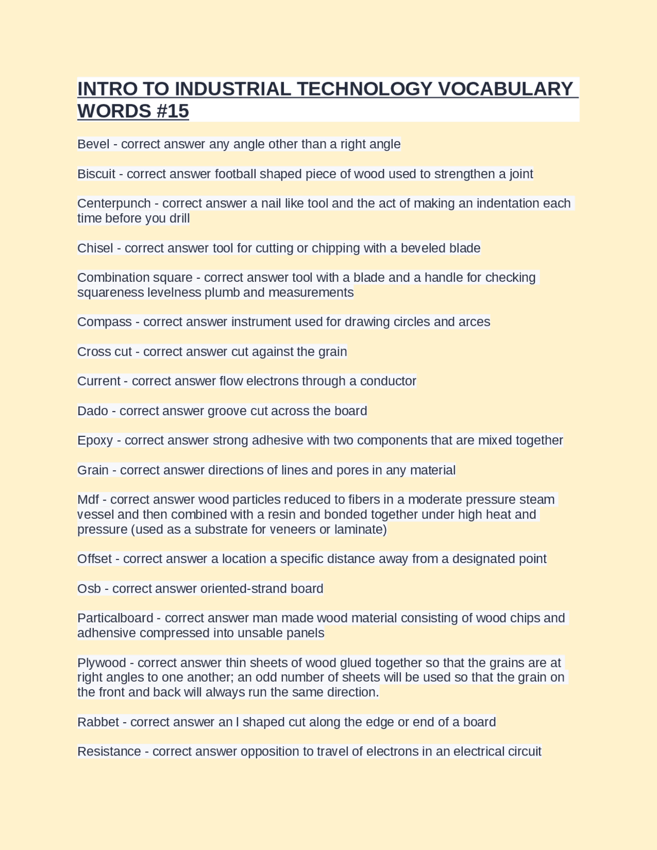 INTRO TO INDUSTRIAL TECHNOLOGY VOCABULARY WORDS #15 | Exams Industrial ...