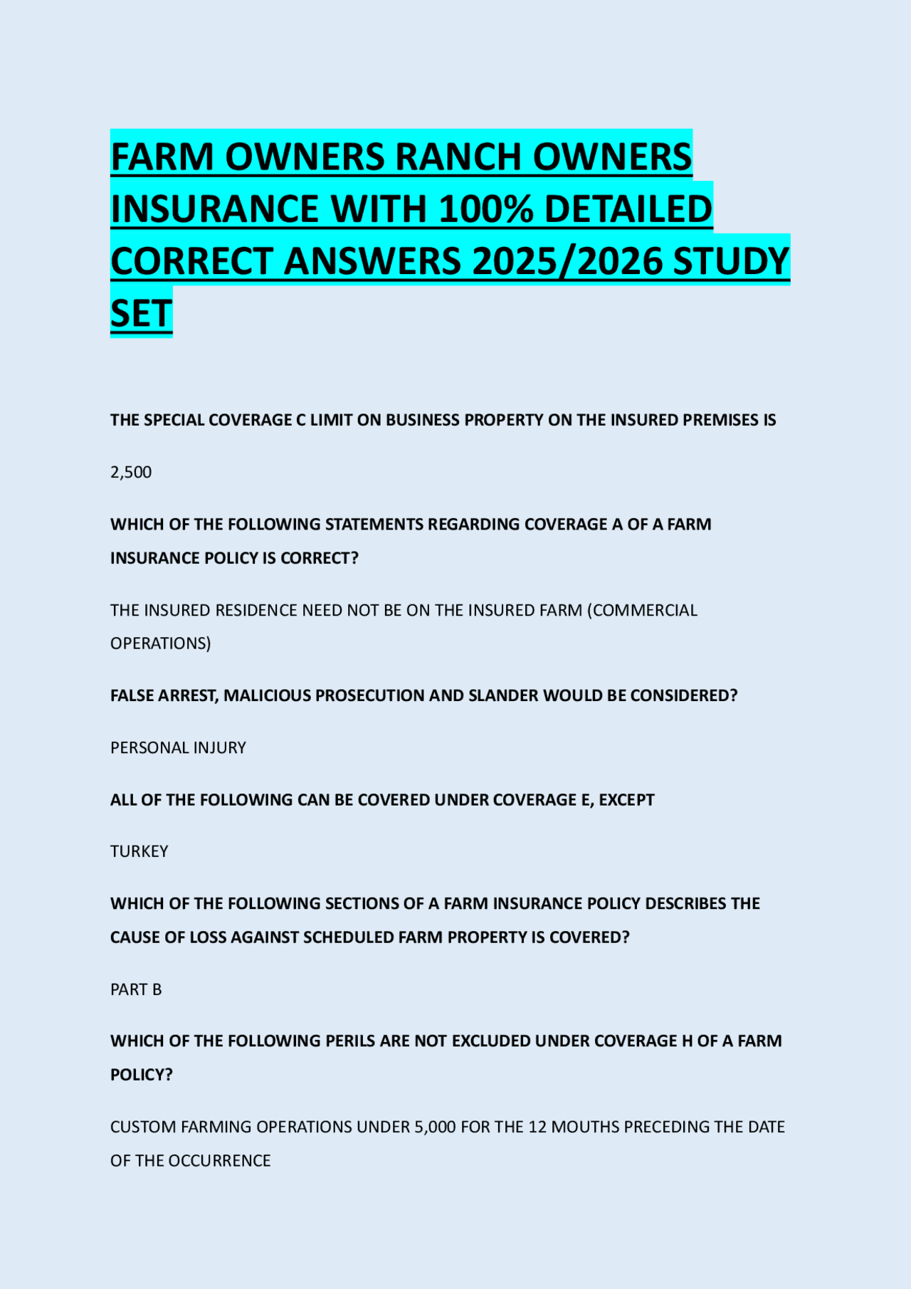 FARM OWNERS RANCH OWNERS INSURANCE WITH 100% DETAILED CORRECT ANSWERS ...