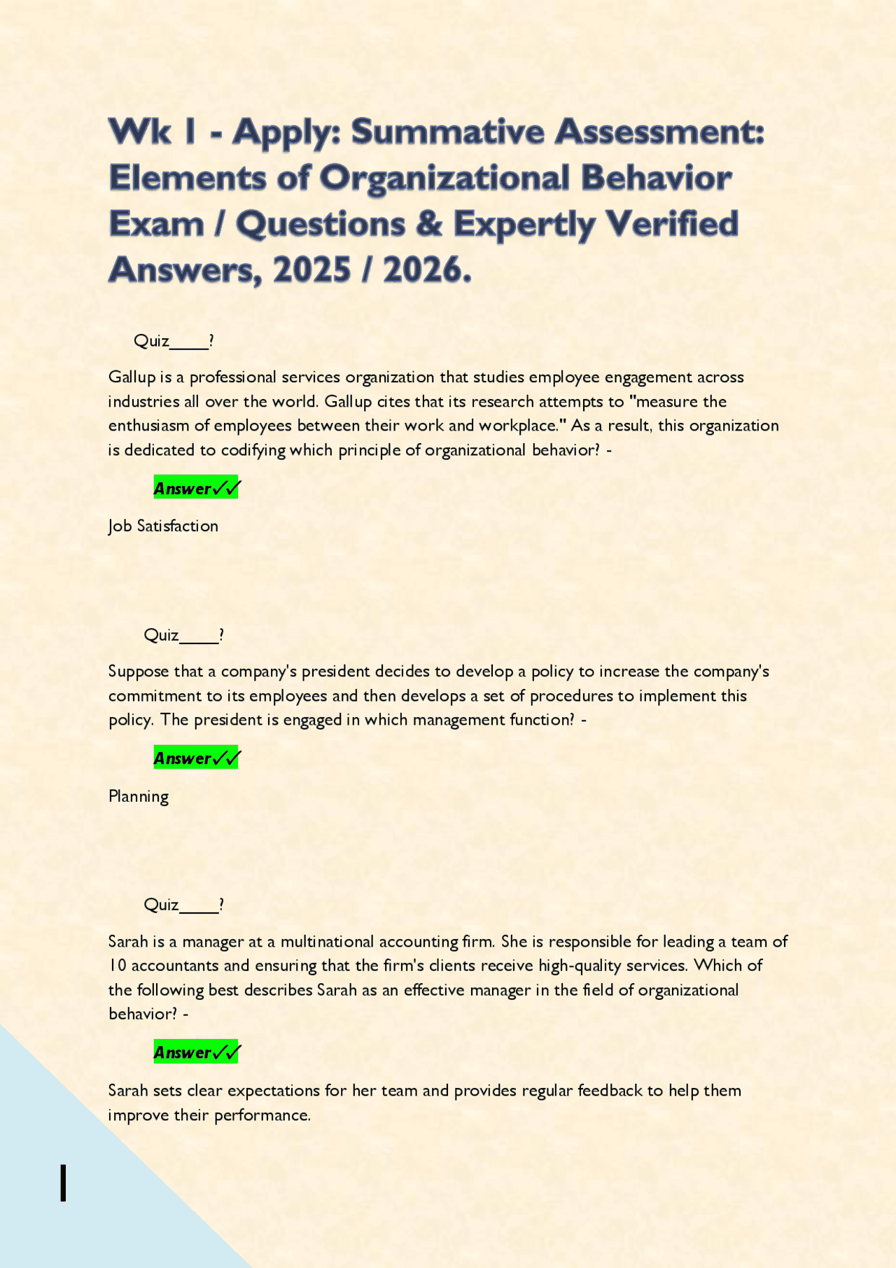 Wk 1 - Apply: Summative Assessment: Elements of Organizational Behavior ...