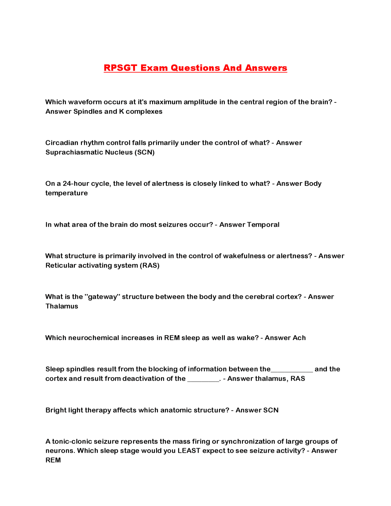 RPSGT Exam Questions And Answers | Exams Advanced Education | Docsity