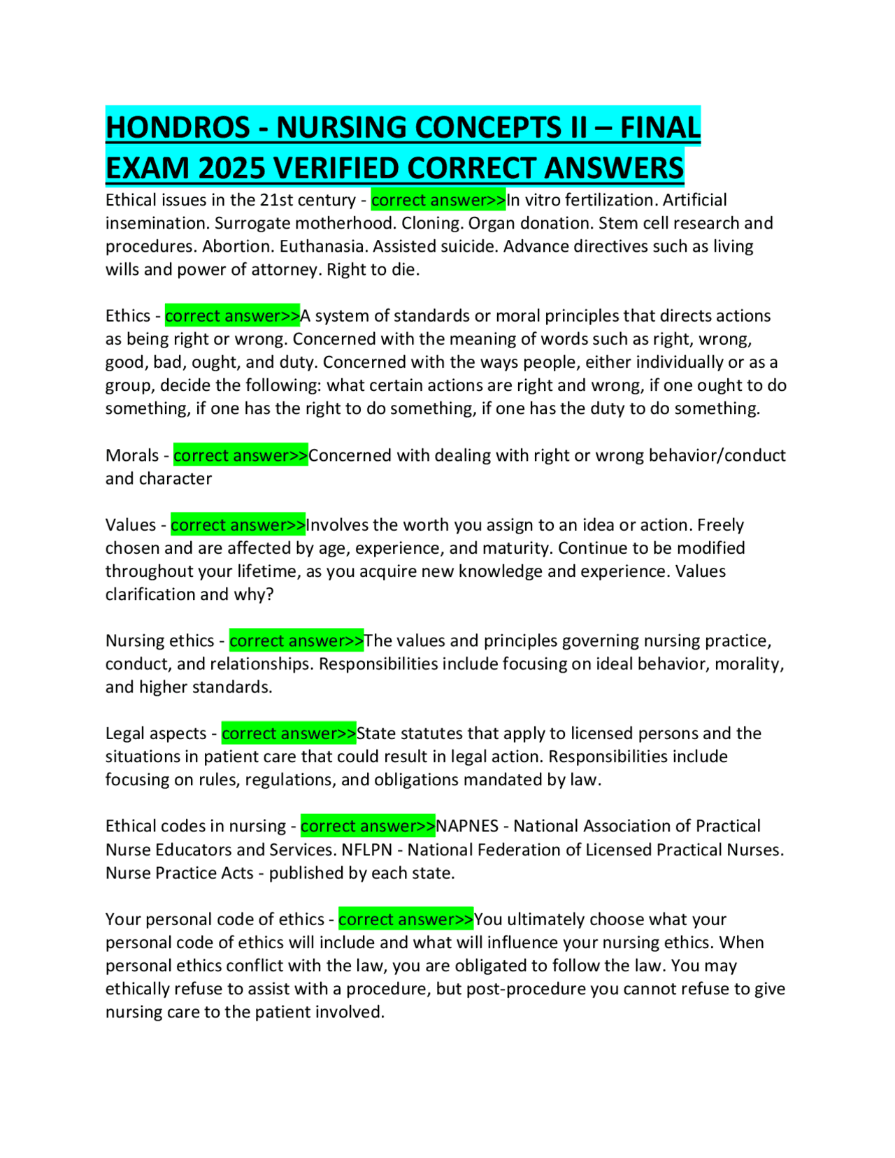 HONDROS - NURSING CONCEPTS II – FINAL EXAM 2025 VERIFIED CORRECT ...