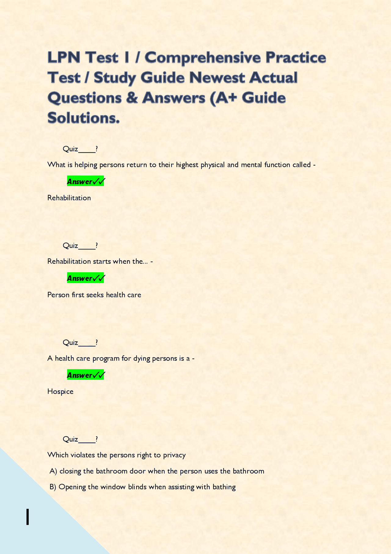 LPN Test 1 / Comprehensive Practice Test / Study Guide Newest Actual ...