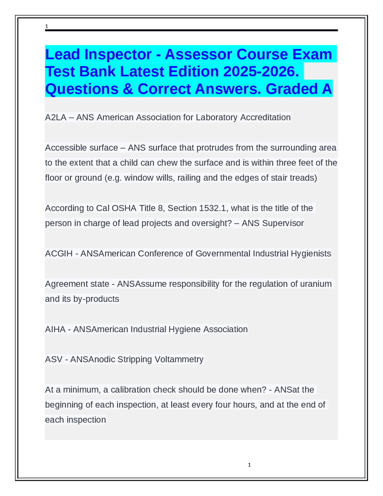 Lead Inspector - Assessor Course Exam Test Bank Latest Edition 2025 ...