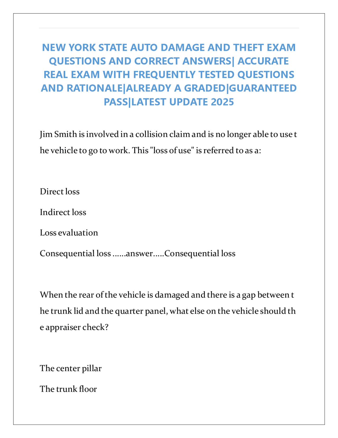 NEW YORK STATE AUTO DAMAGE AND THEFT EXAM QUESTIONS AND CORRECT ANSWERS ...