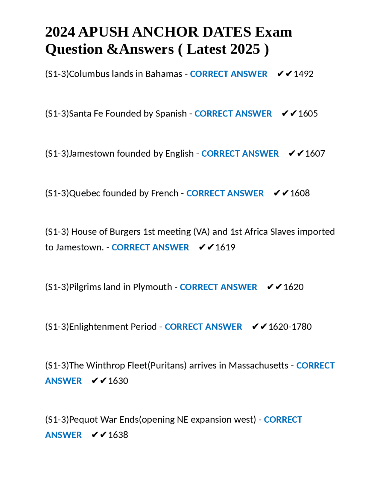 2024 APUSH ANCHOR DATES Exam Question &Answers ( Latest 2025 ) | Exams ...
