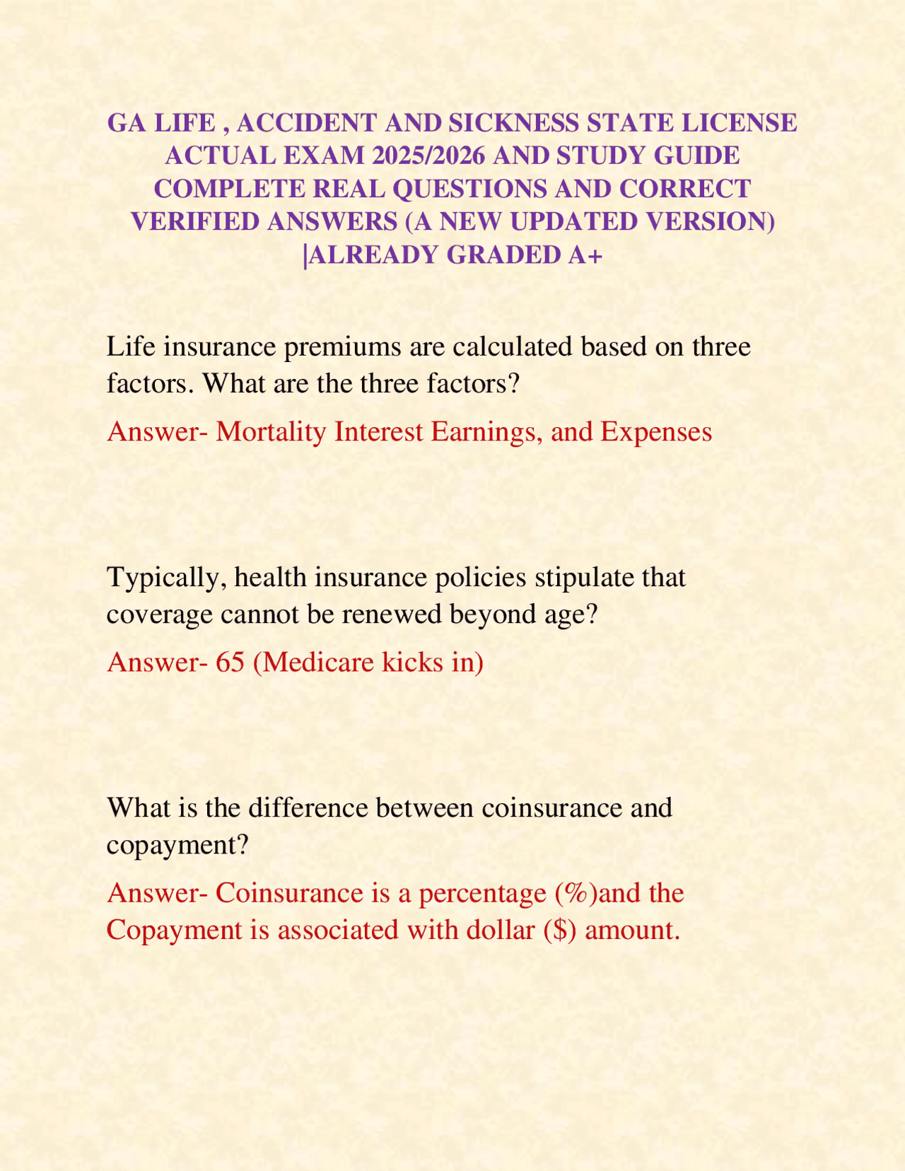 GA LIFE , ACCIDENT AND SICKNESS STATE LICENSE ACTUAL EXAM 2025/2026 AND ...