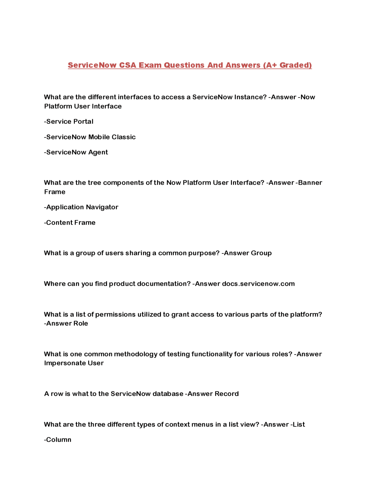 ServiceNow CSA Exam Questions And Answers (A+ Graded) | Exams Advanced ...