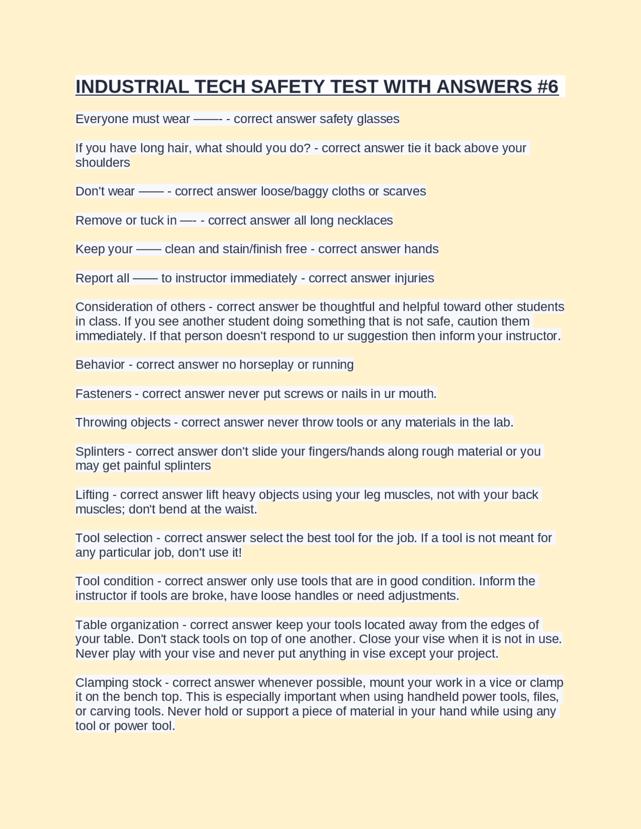 INDUSTRIAL TECH SAFETY TEST WITH ANSWERS #6 | Exams Industrial ...