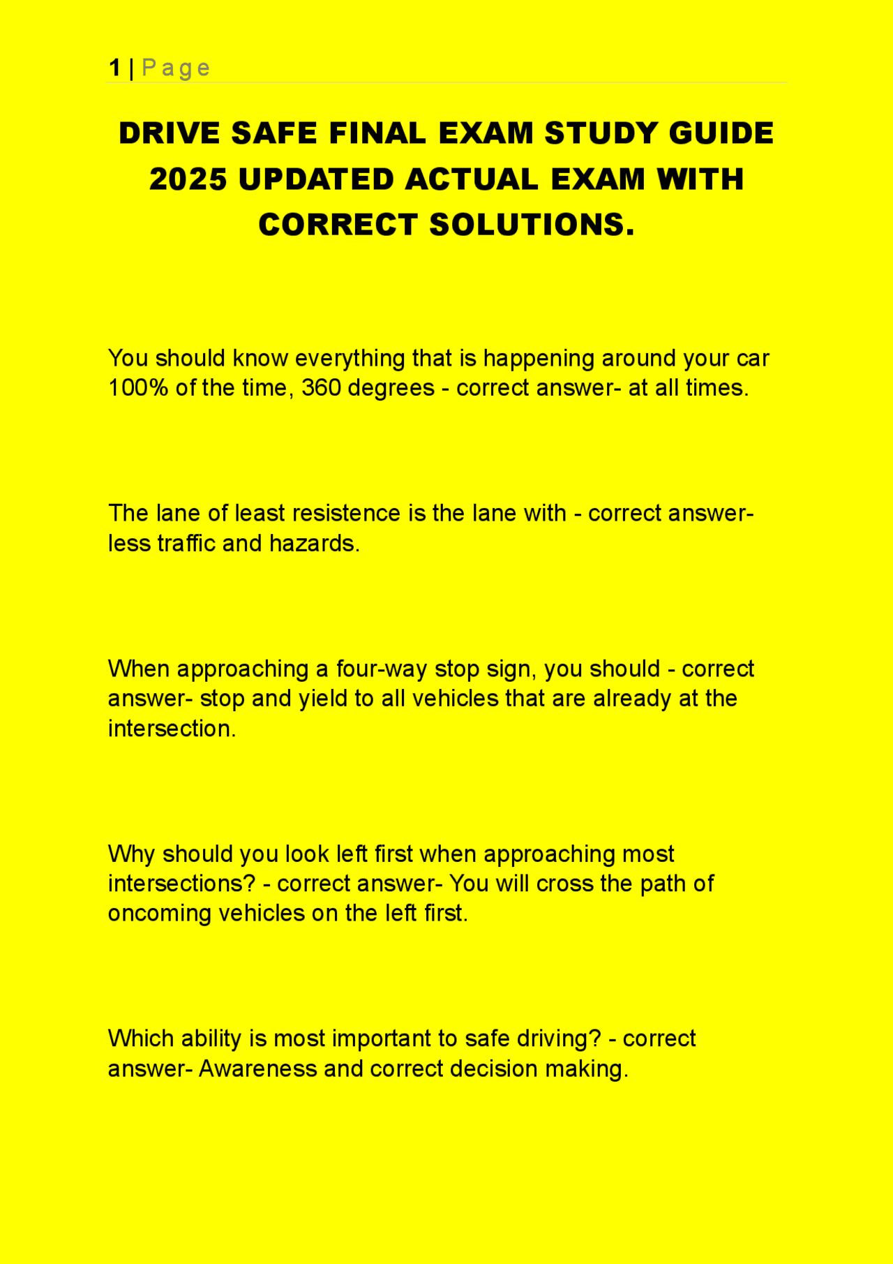 DRIVE SAFE FINAL EXAM STUDY GUIDE 2025 UPDATED ACTUAL EXAM WITH CORRECT ...