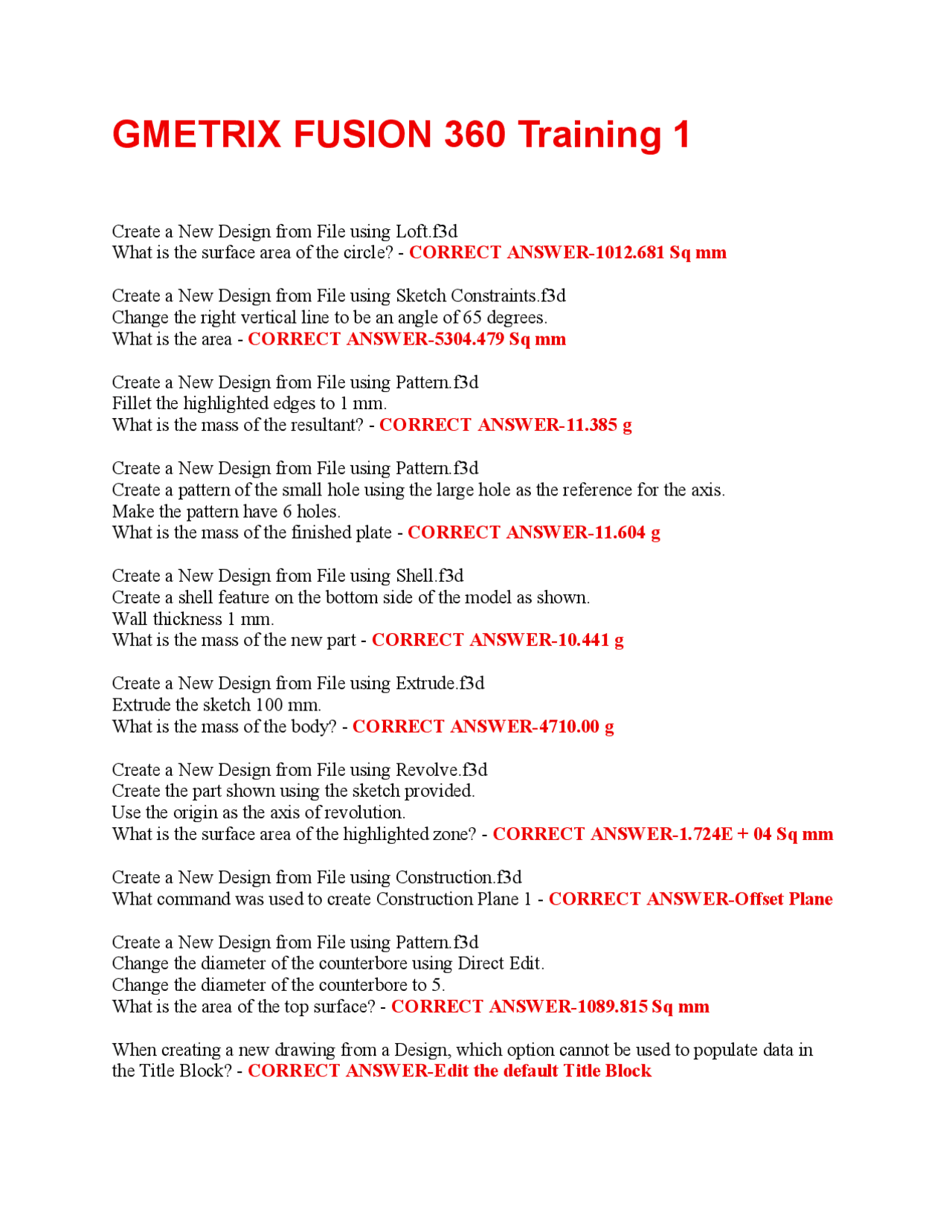GMETRIX FUSION 360 Training 1 Questions And Answers Already Graded A+ ...