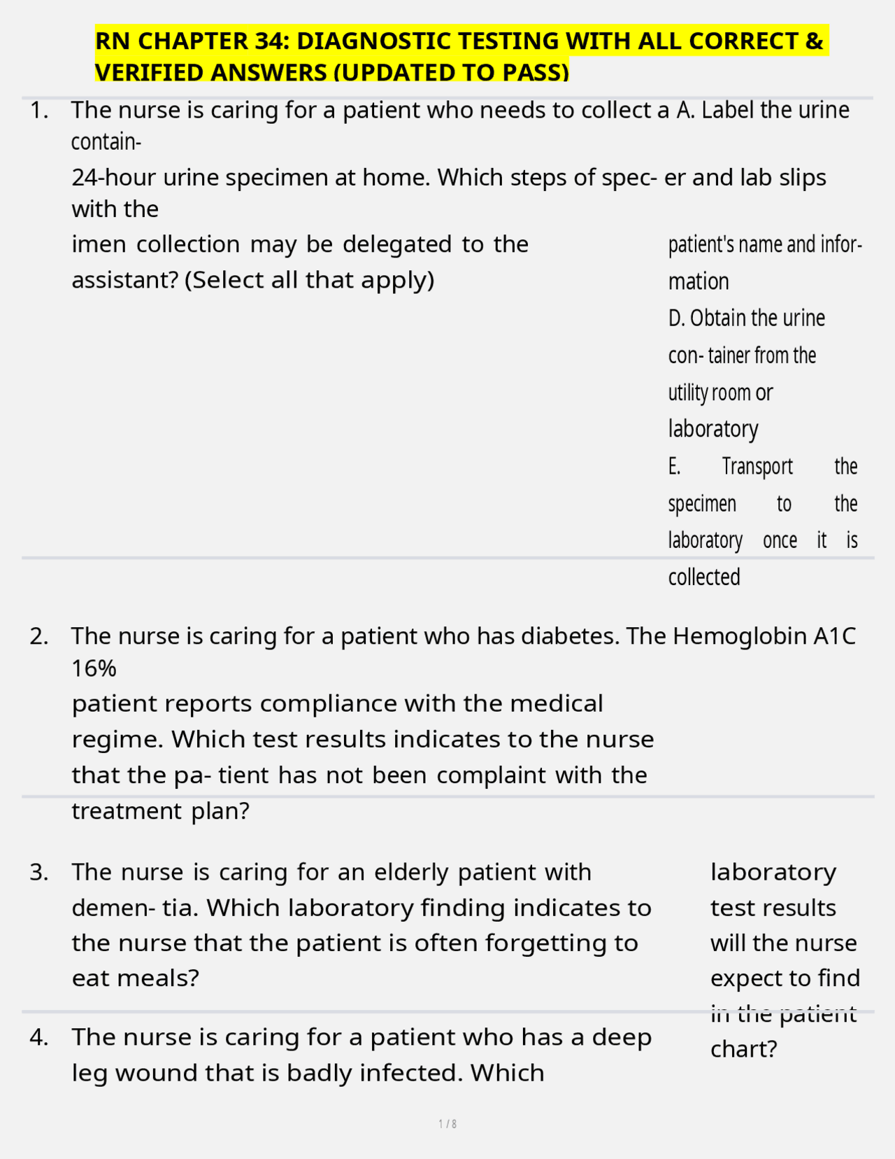 RN CHAPTER 34: DIAGNOSTIC TESTING WITH ALL CORRECT & VERIFIED ANSWERS ...