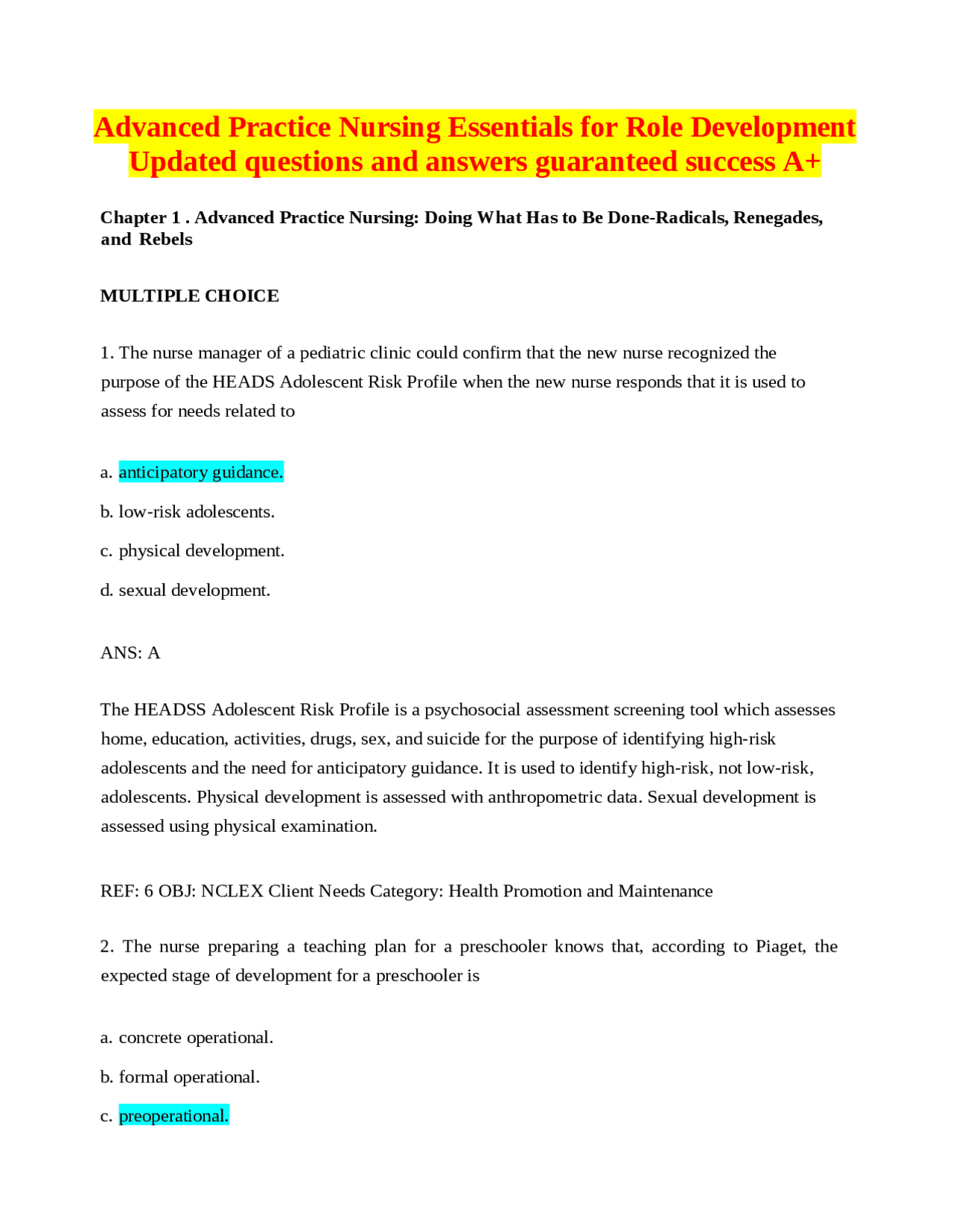 Advanced Practice Nursing Essentials for Role Development Updated questions and answers g ...