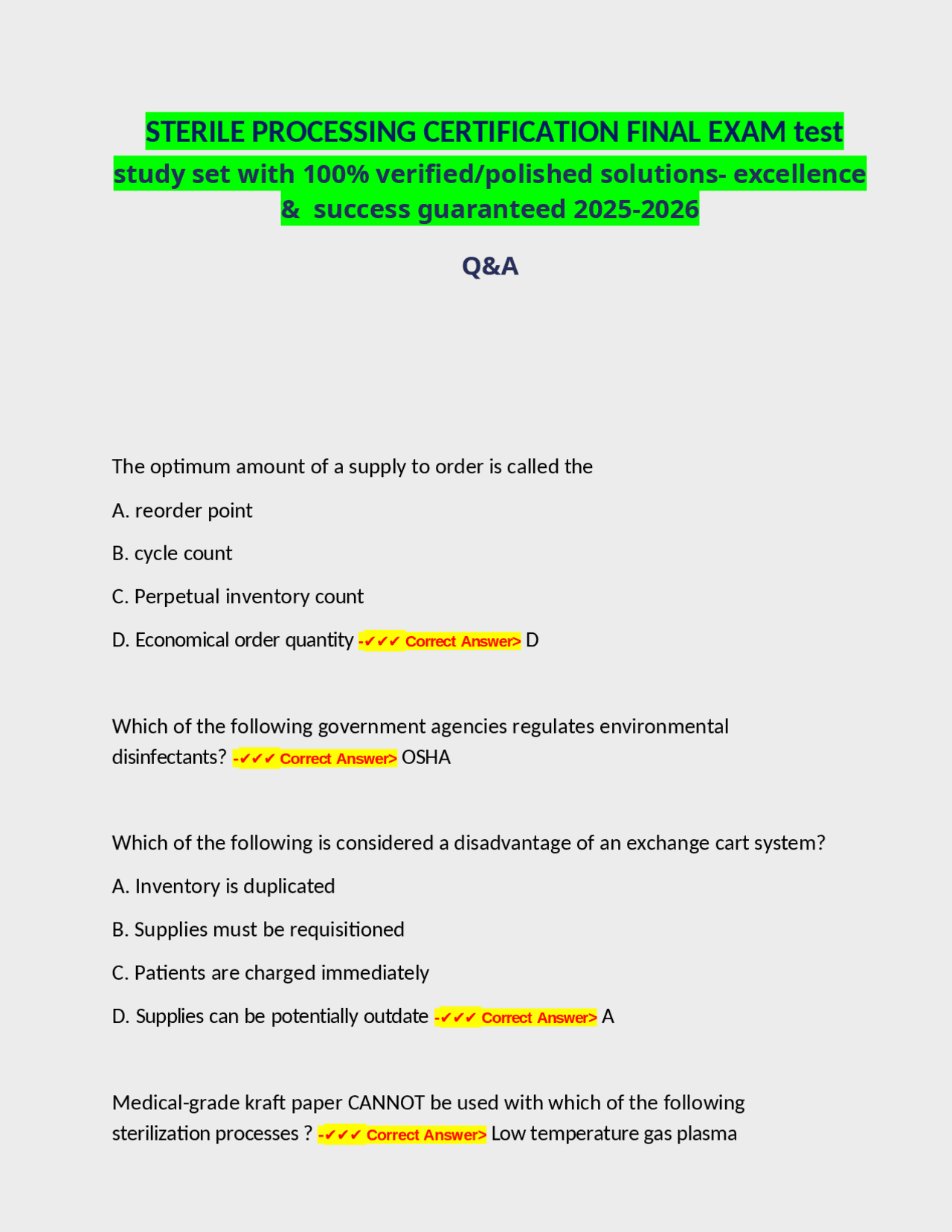 STERILE PROCESSING CERTIFICATION FINAL EXAM test study set with 100% ...
