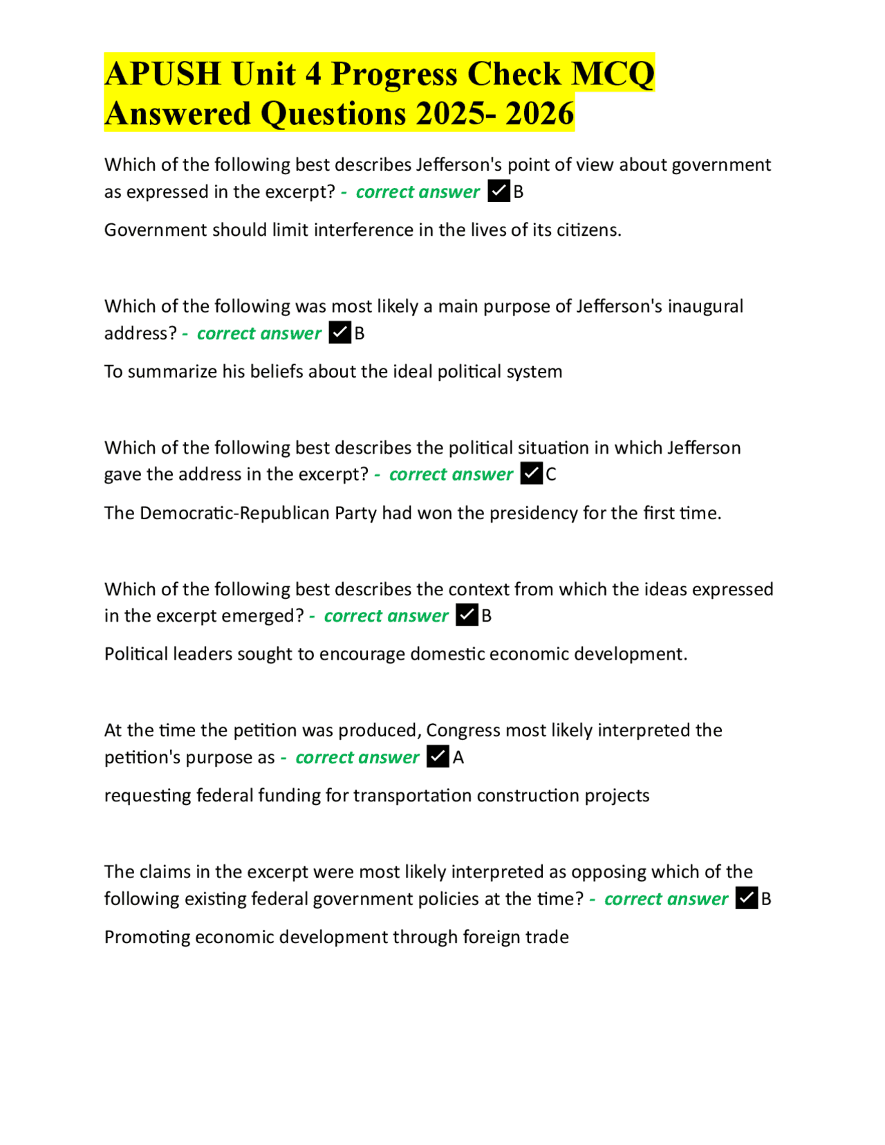 APUSH Unit 4 MCQ: Jefferson, Market Revolution, and Jacksonian ...