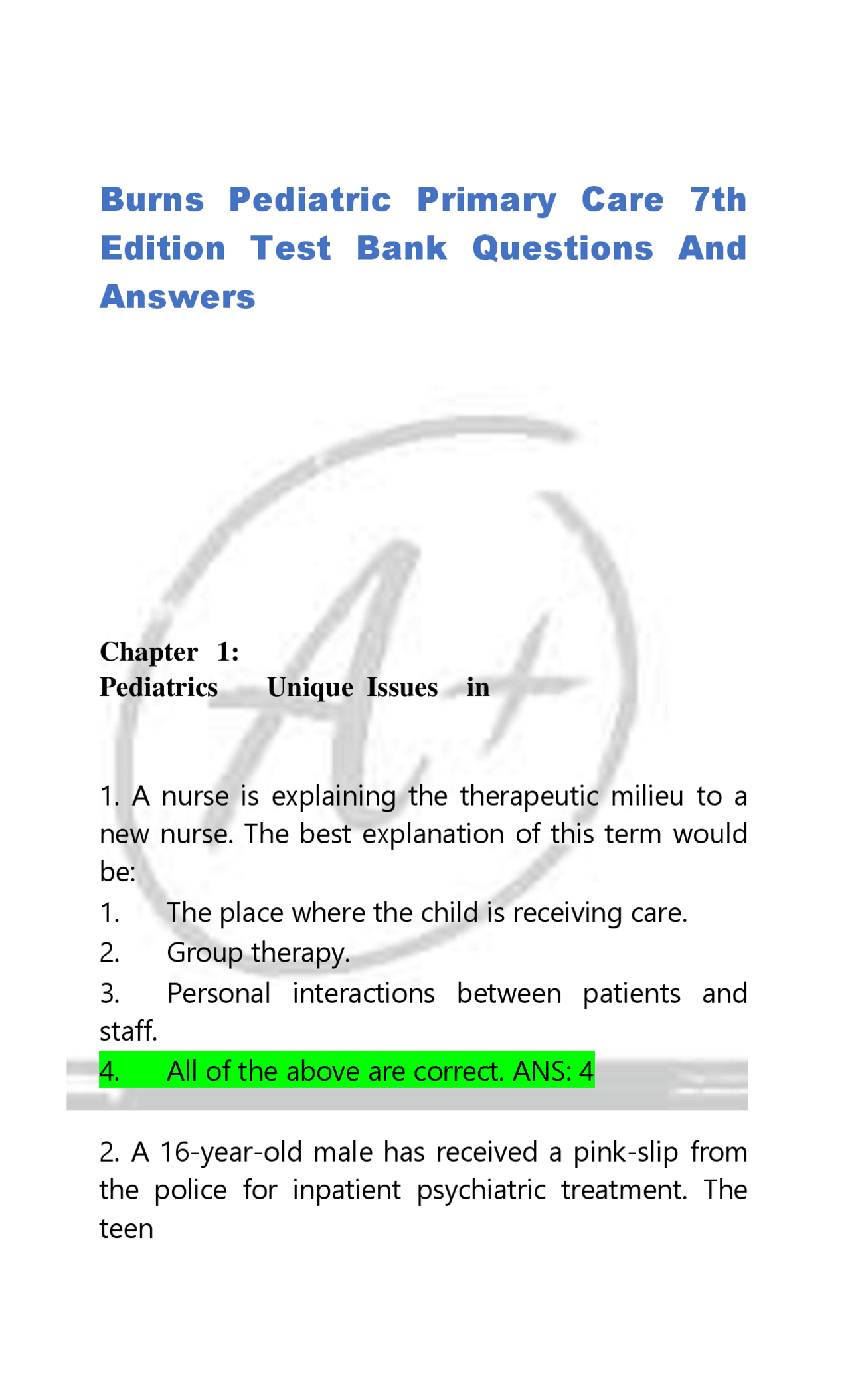 Burns Pediatric Primary Care 7th Edition Test Bank Questions And ...