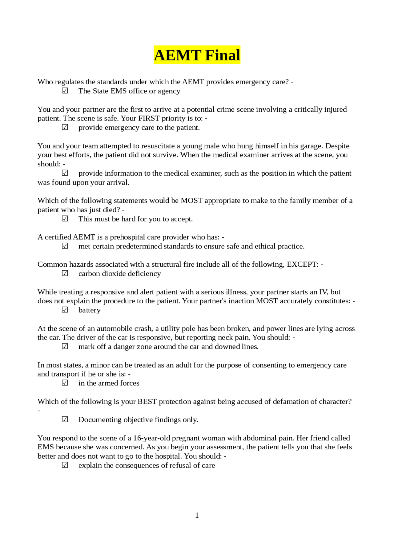 AEMT Final Exam: Complete Study and Review Guide | Exams Nursing | Docsity