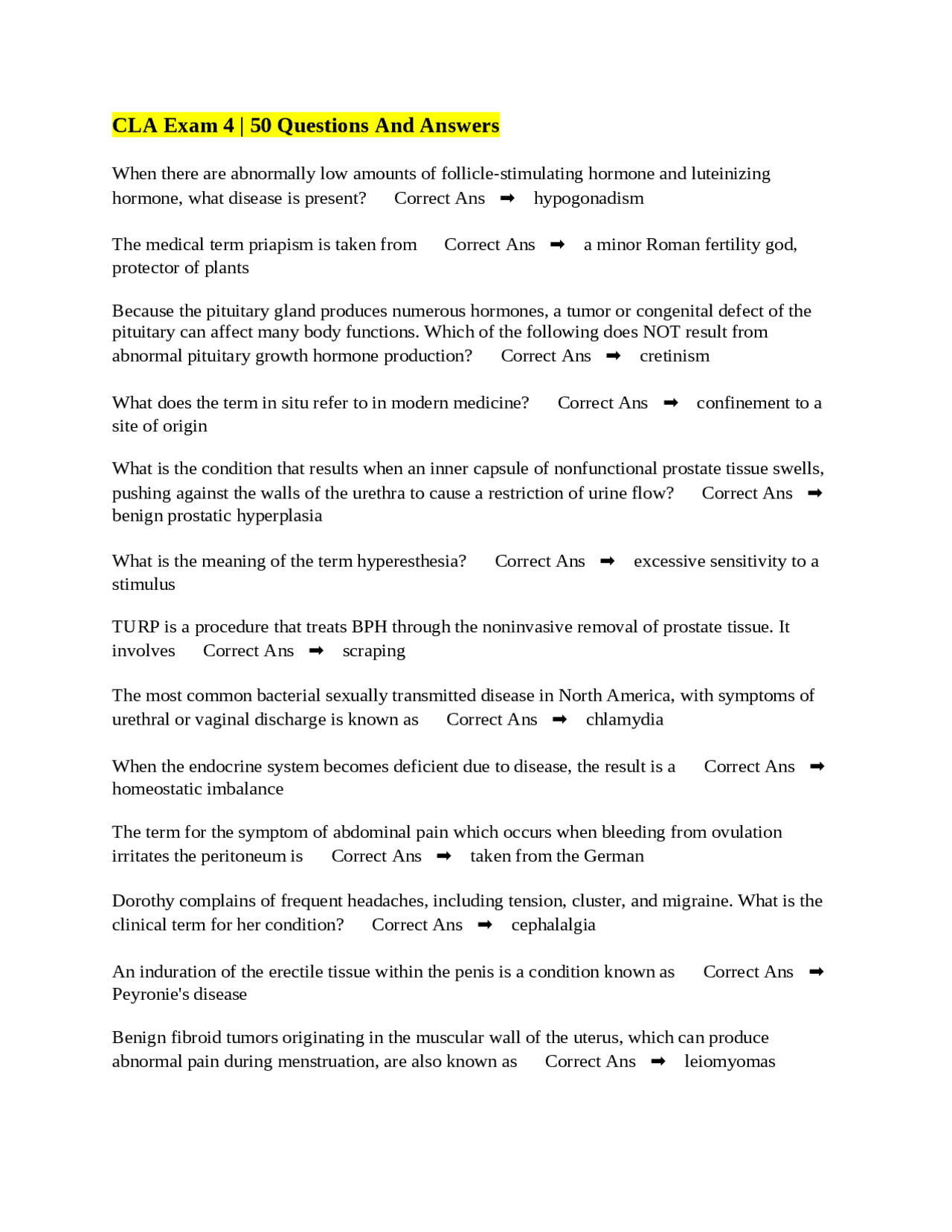 CLA Exam 4 | 50 Questions And Answers | Exams Public Health | Docsity