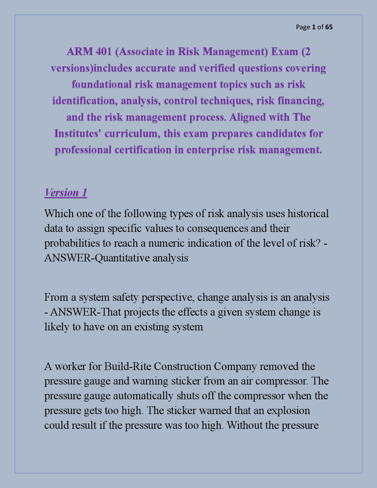 ARM 401 (Associate in Risk Management) Exam (2 versions)includes ...