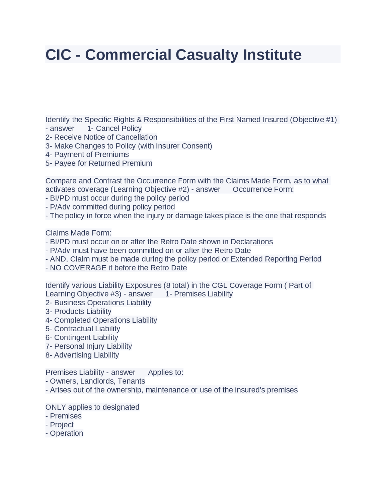 CIC - Commercial Casualty Institute Questions and Answers 100% Correct ...