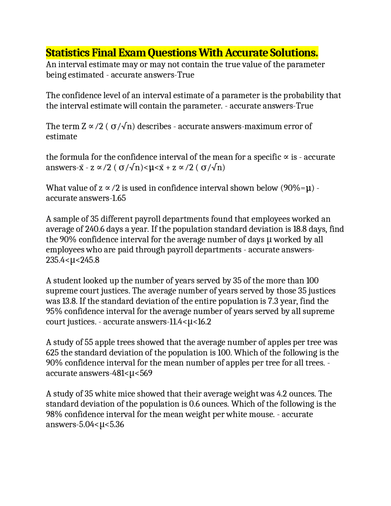 Statistics Final Exam Questions With Accurate Solutions. | Exams ...