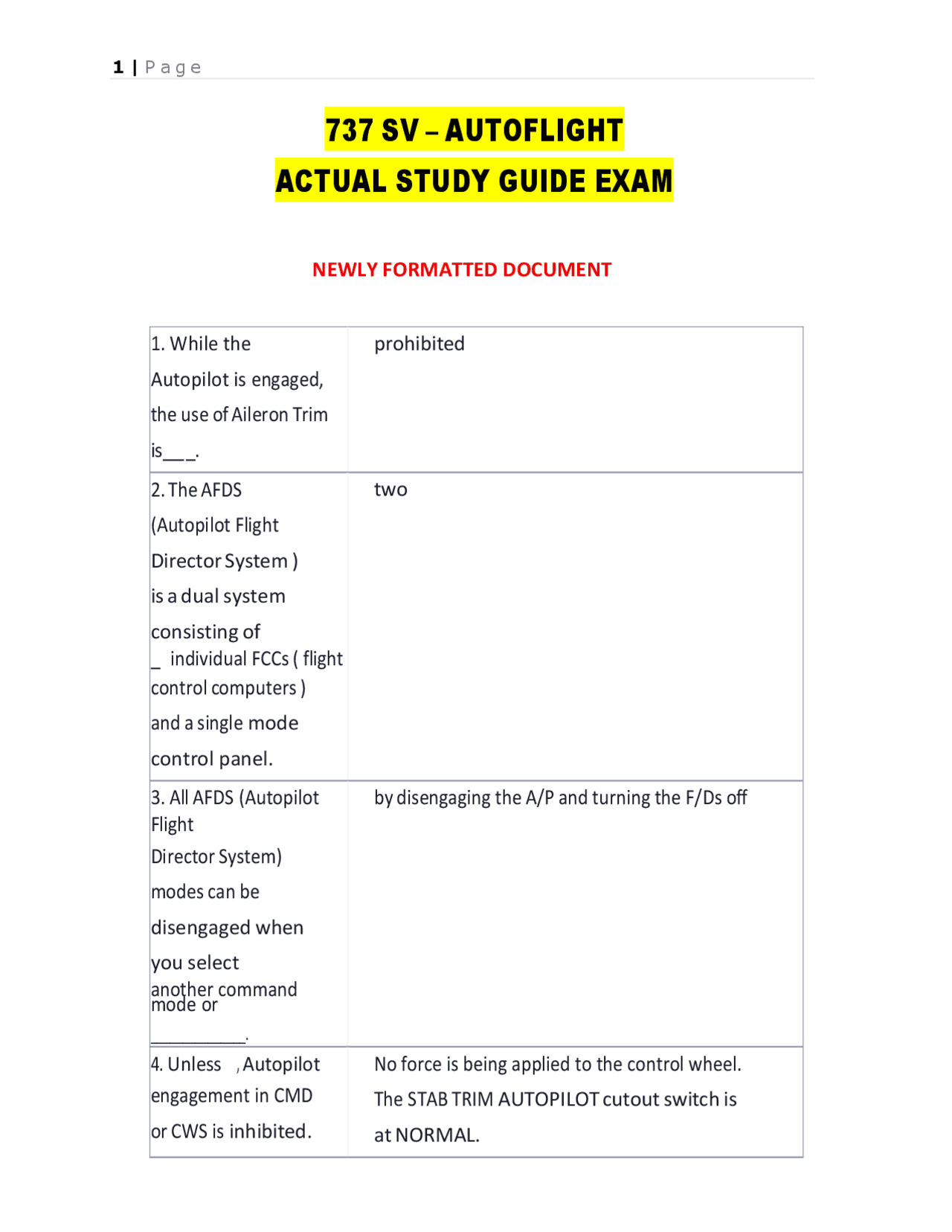 737 SV – AUTOFLIGHT ACTUAL STUDY GUIDE EXAM | Exams Nursing | Docsity