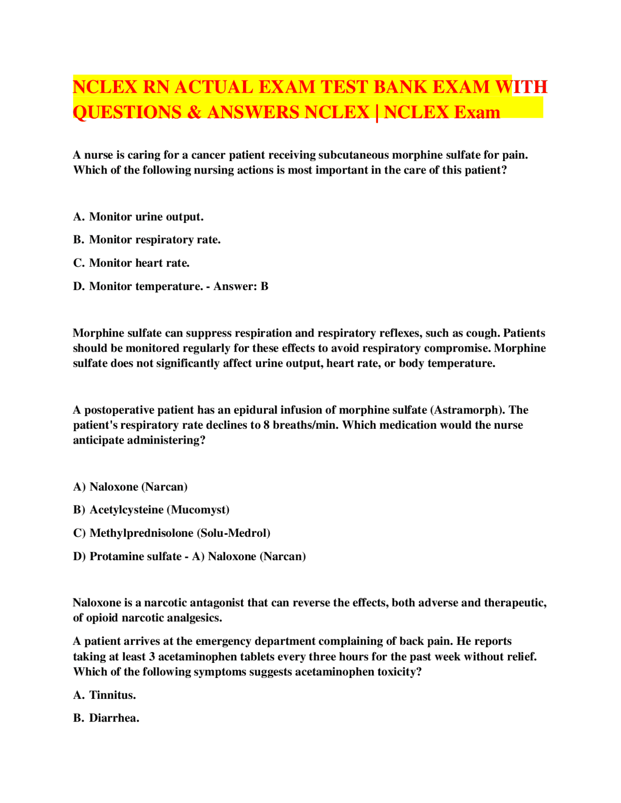 NCLEX RN Exam: Opioid Analgesics Questions and Answers | Exams Nursing ...