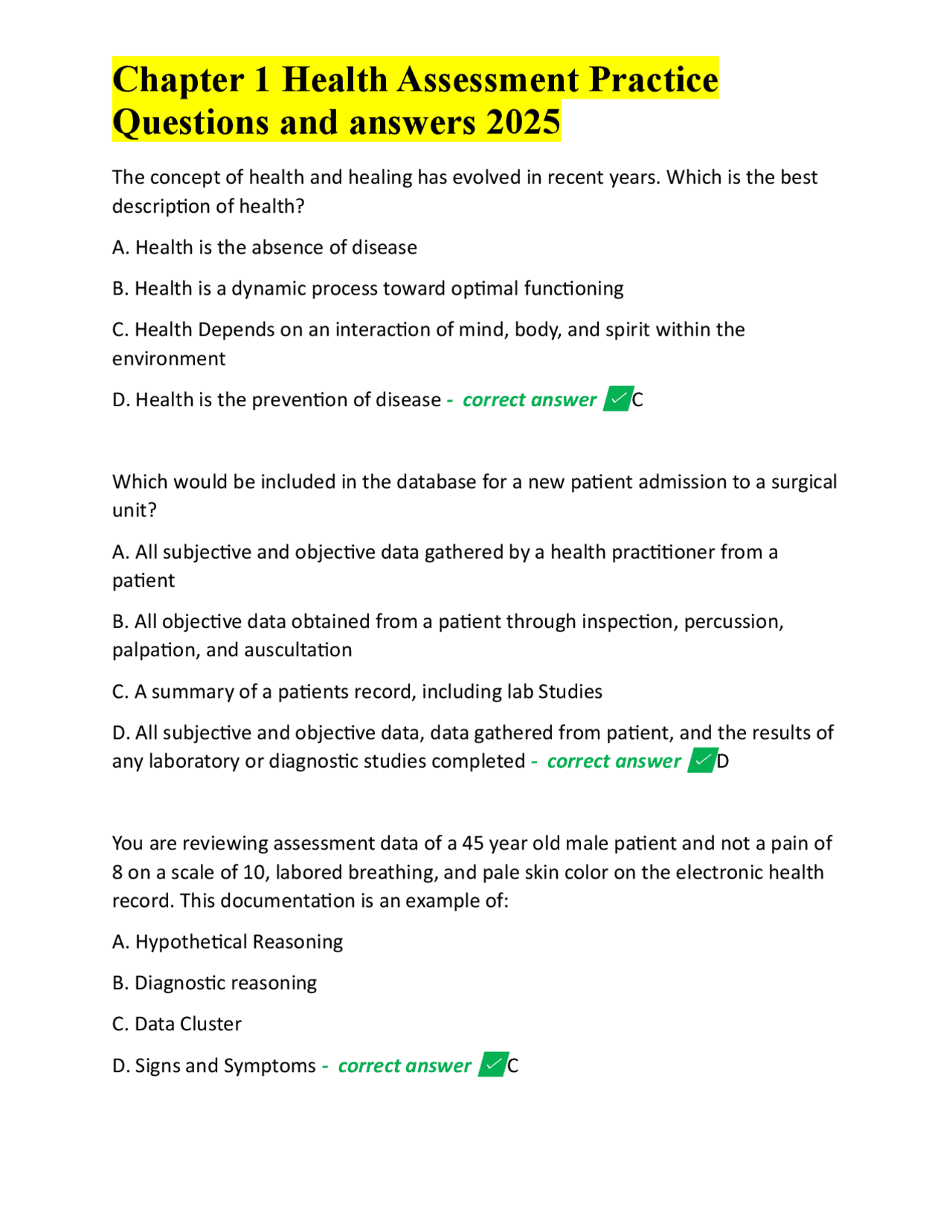 Chapter 1 Health Assessment Practice Questions and answers 2025 | Exams ...